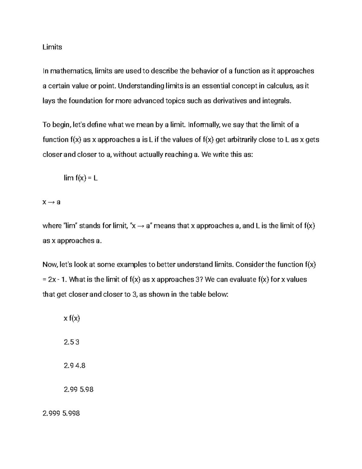 Limits - Limits In mathematics, limits are used to describe the ...