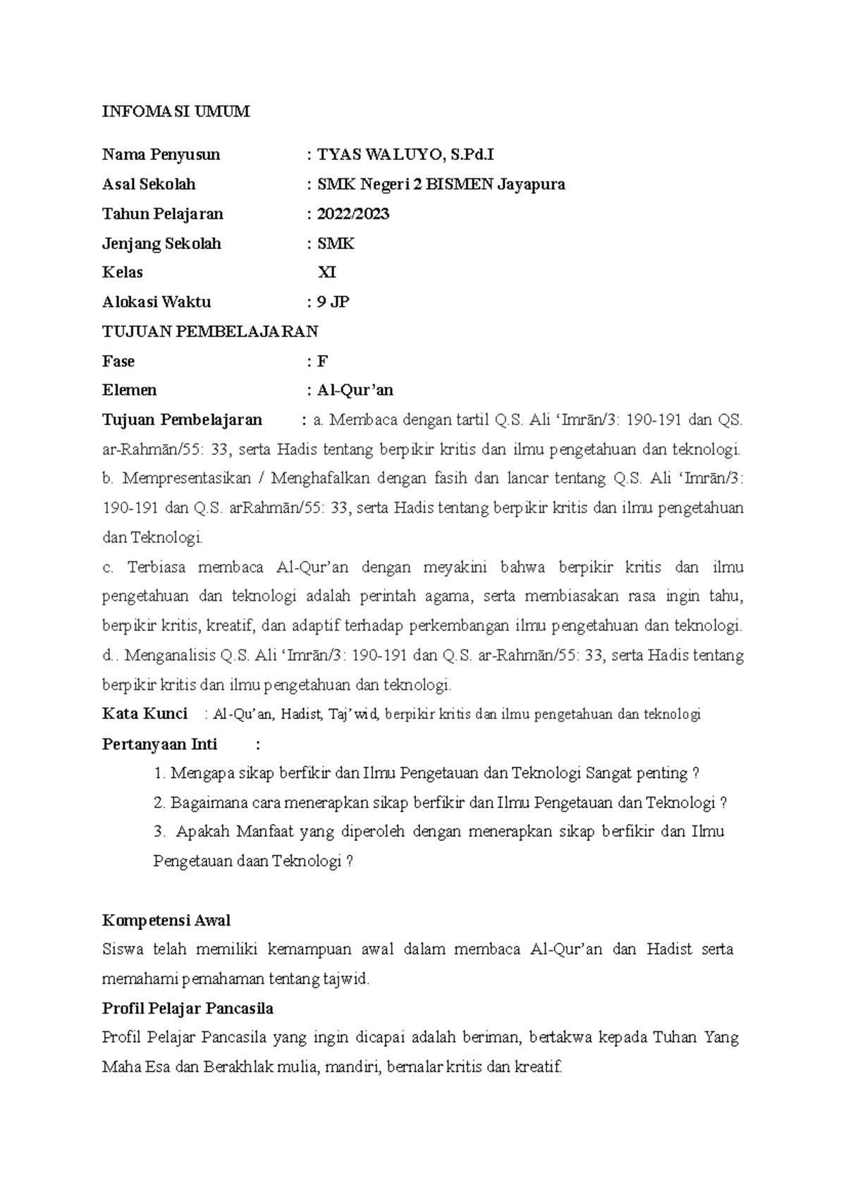 Modul 2 - wertyui - INFOMASI UMUM Nama Penyusun : TYAS WALUYO, S.Pd ...