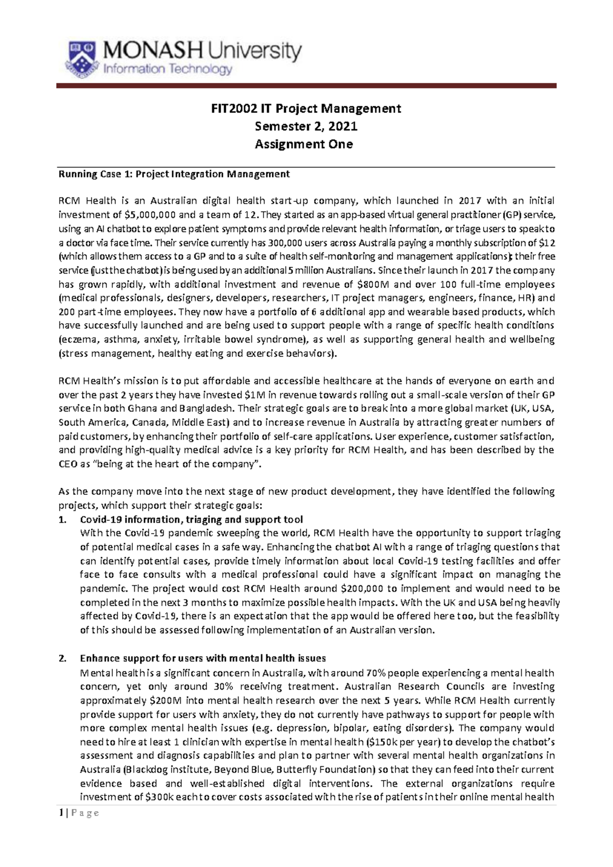 FIT2002 2020S2 Assignment 1 - Running Case 1 - 1 | P a g e FIT2002 IT Project Management ...