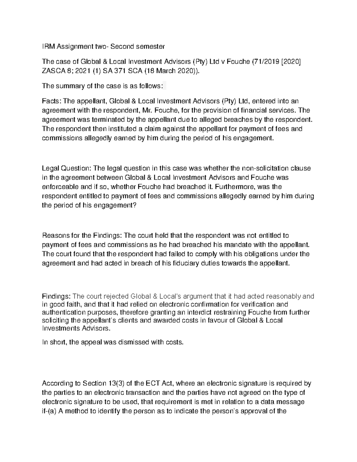 IRM 2nd Assignment - IRM Assignment two- Second semester The case of Global & Local Investment ...