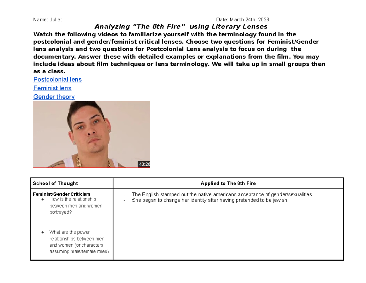 The 8th Fire Critical Lens Analysis - Name: Juliet Date: March 24th ...