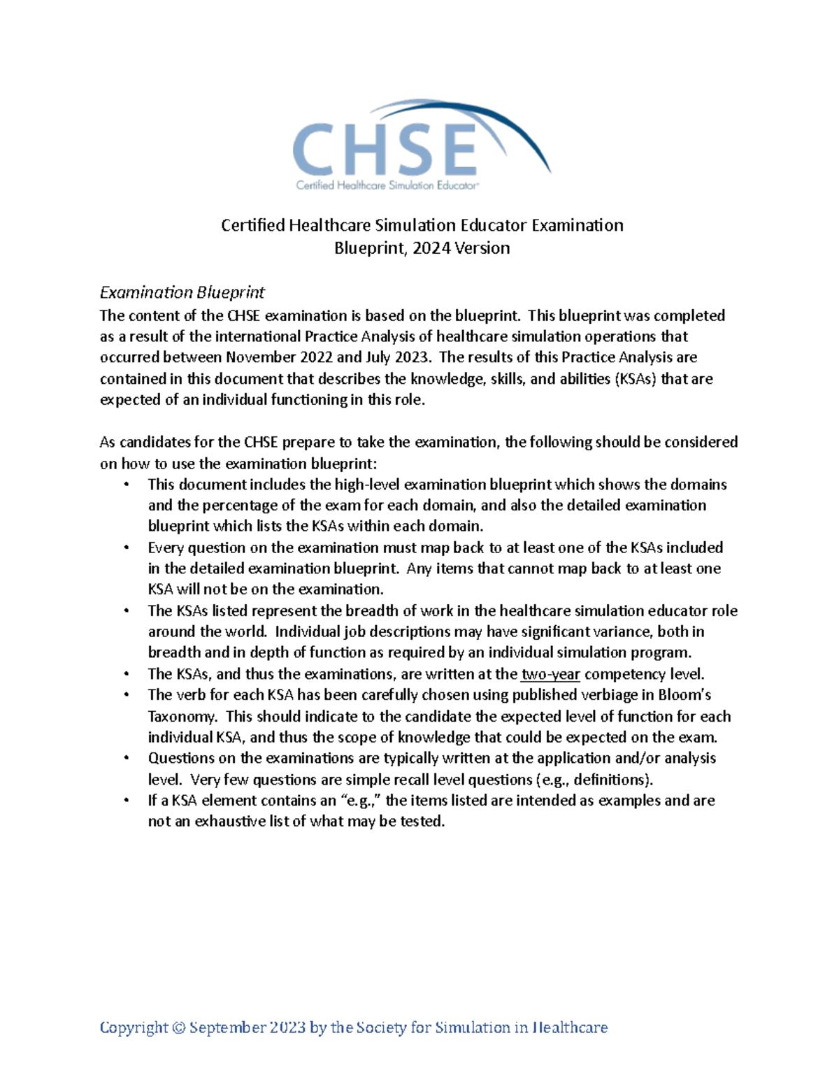 CHSE Examination Blueprint 2024 - Cer$fied Healthcare Simula$on ... CHSE Examination Blueprint 2024 - Cer$fied Healthcare Simula$on ...