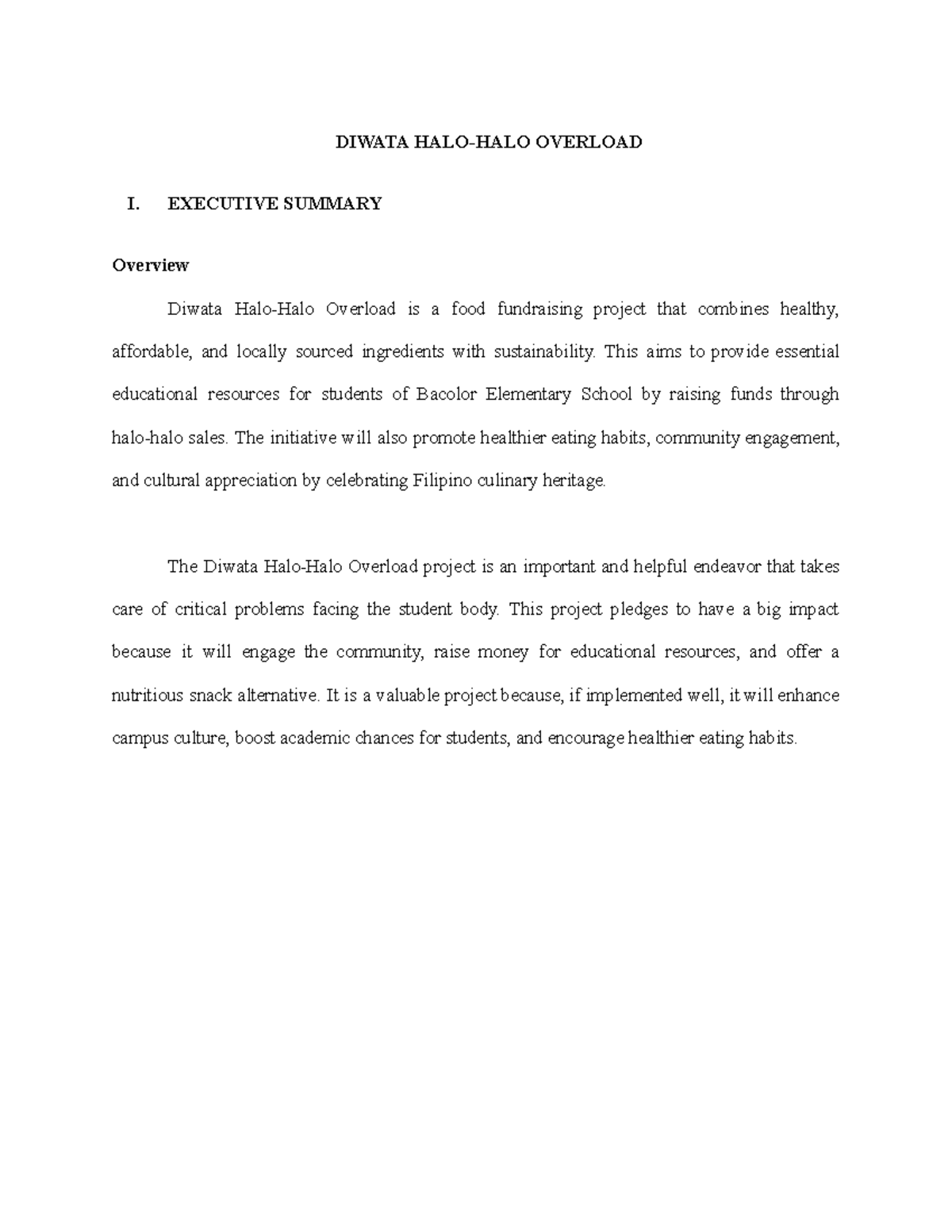 Diwata Halo-Halo Overload - DIWATA HALO-HALO OVERLOAD I. EXECUTIVE ...