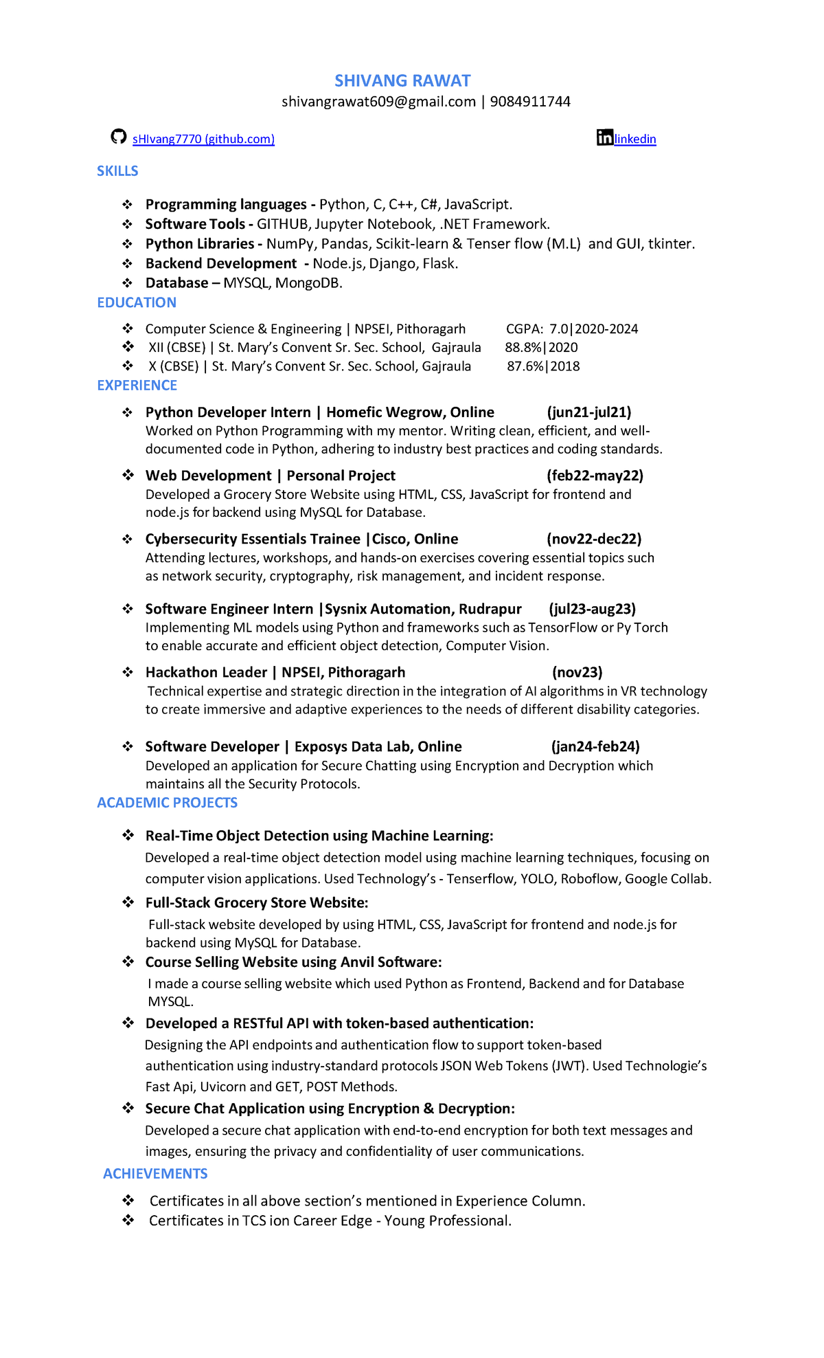 Shivang Rawat 2024 - SHIVANG RAWAT shivangrawat609@gmail | 9084911744 ...