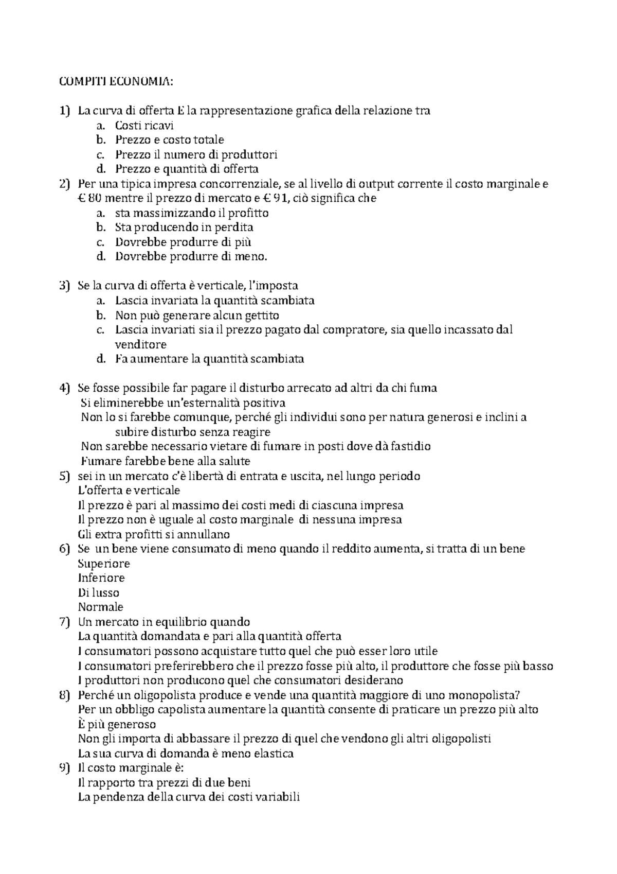 Compiti Economia - COMPITI ECONOMIA: La curva di offerta E la ...