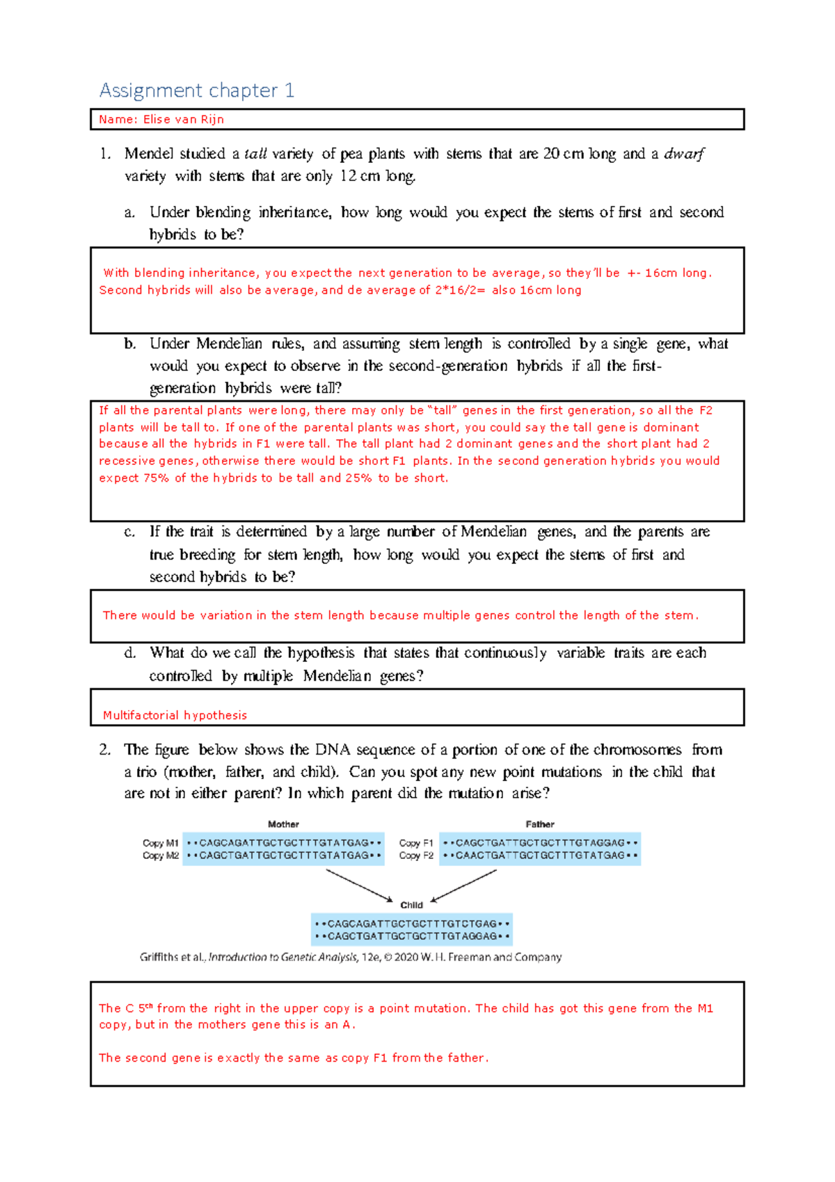 Assignment ch 1 Elise van Rijn pdf - Assignment chapter 1 Name: Elise van Rijn 1. Mendel studied ...
