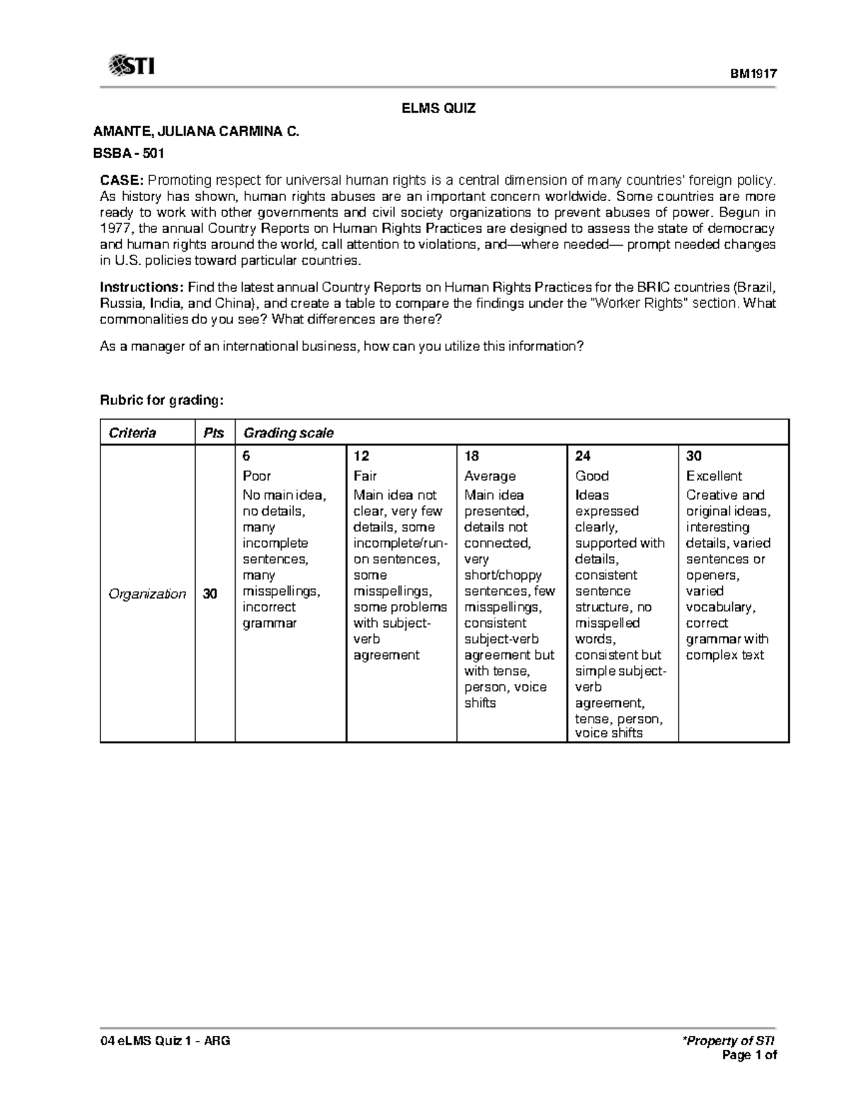 Amante 04 E Lms Quiz 1 Arg Bm Elms Quiz Amante Juliana Carmina C Bsba 501 Case