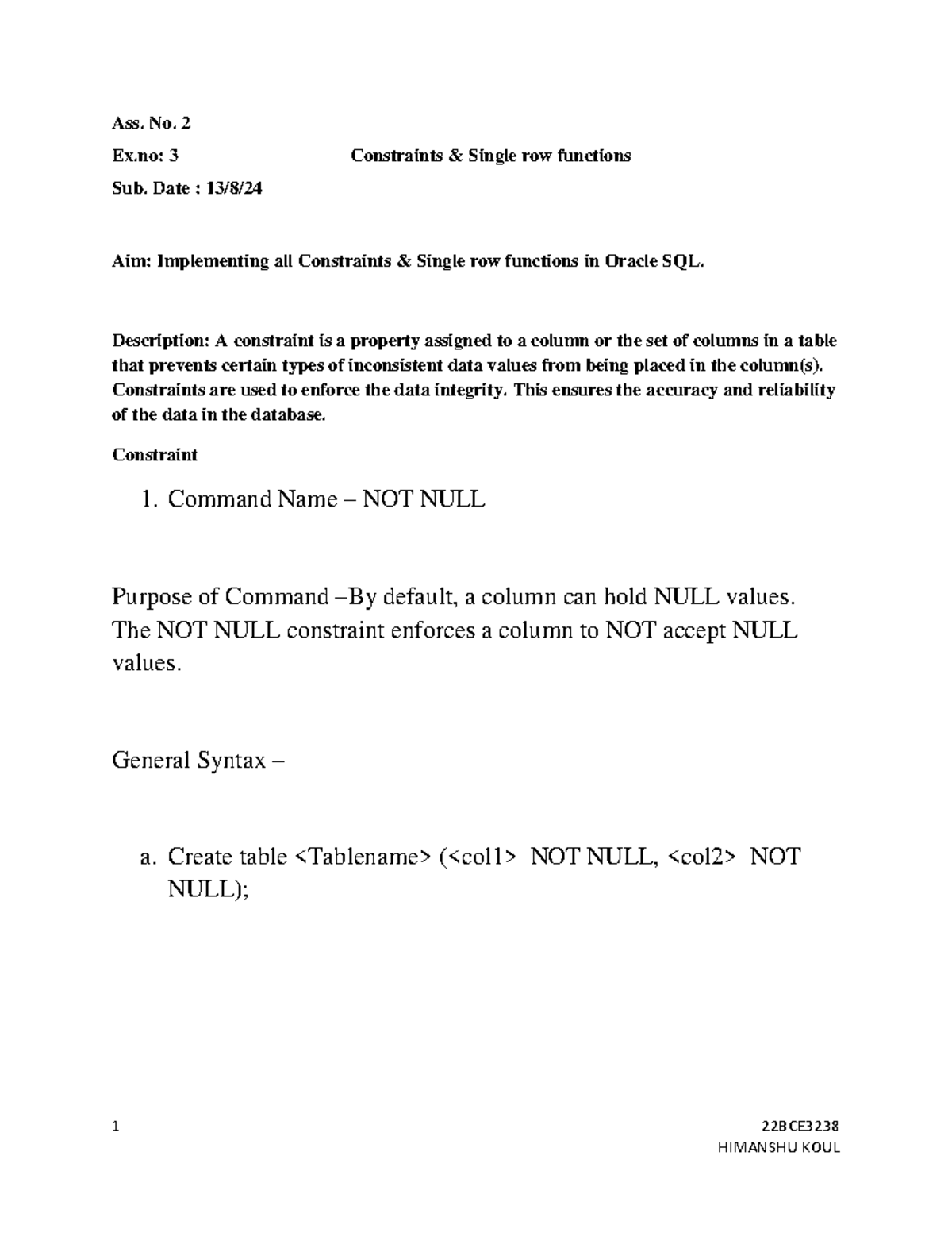 DBMS2 - Constraint and Single Row functions code in SQLive - 1 22BCE ...