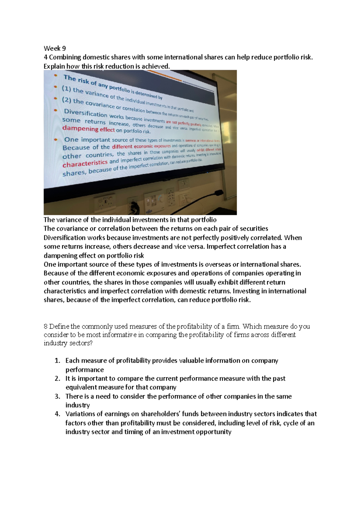 Week 9 Tutorial - Week 9 4 Combining domestic shares with some international shares can help ...