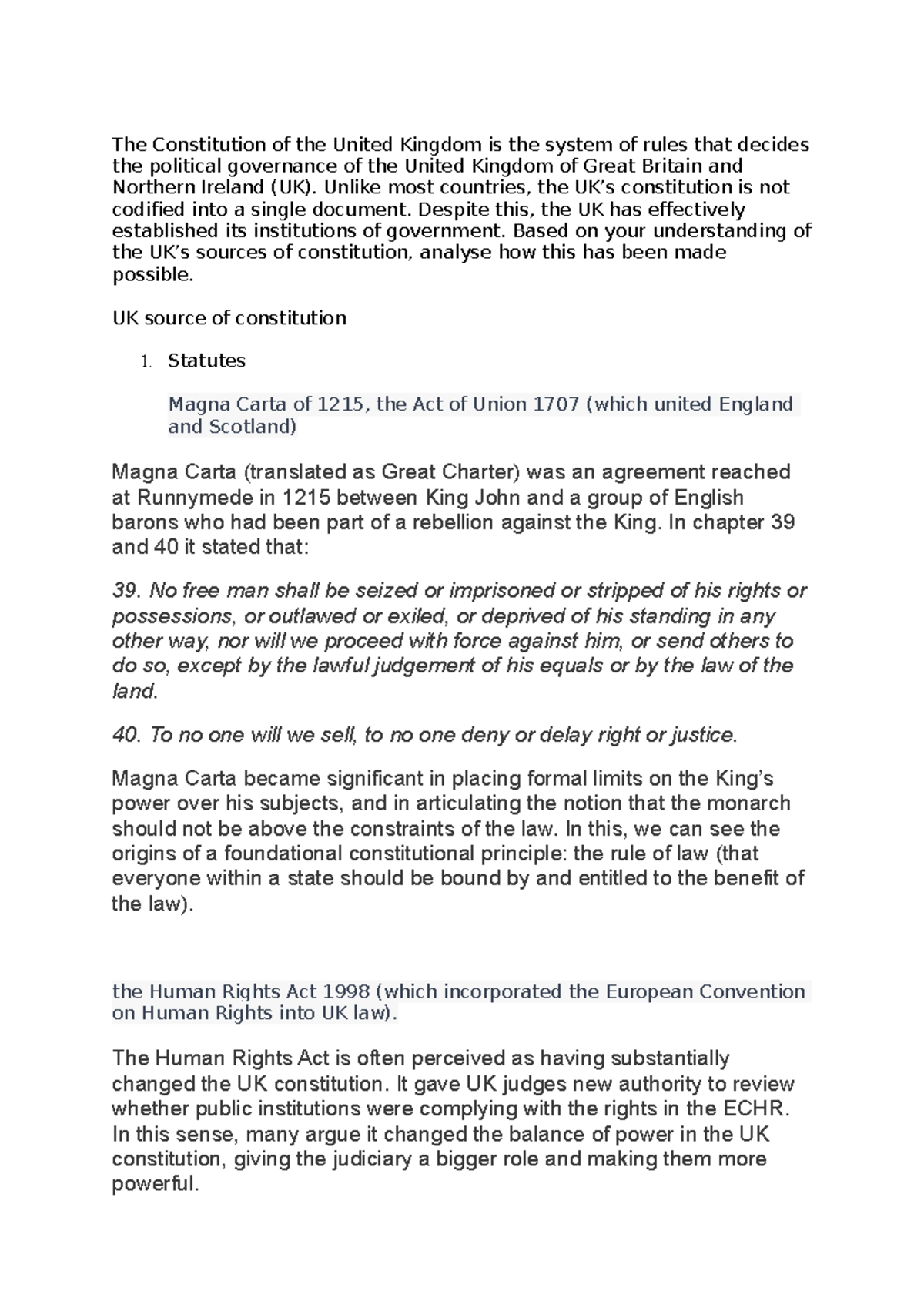 UK Constitution - notes - The Constitution of the United Kingdom is the ...