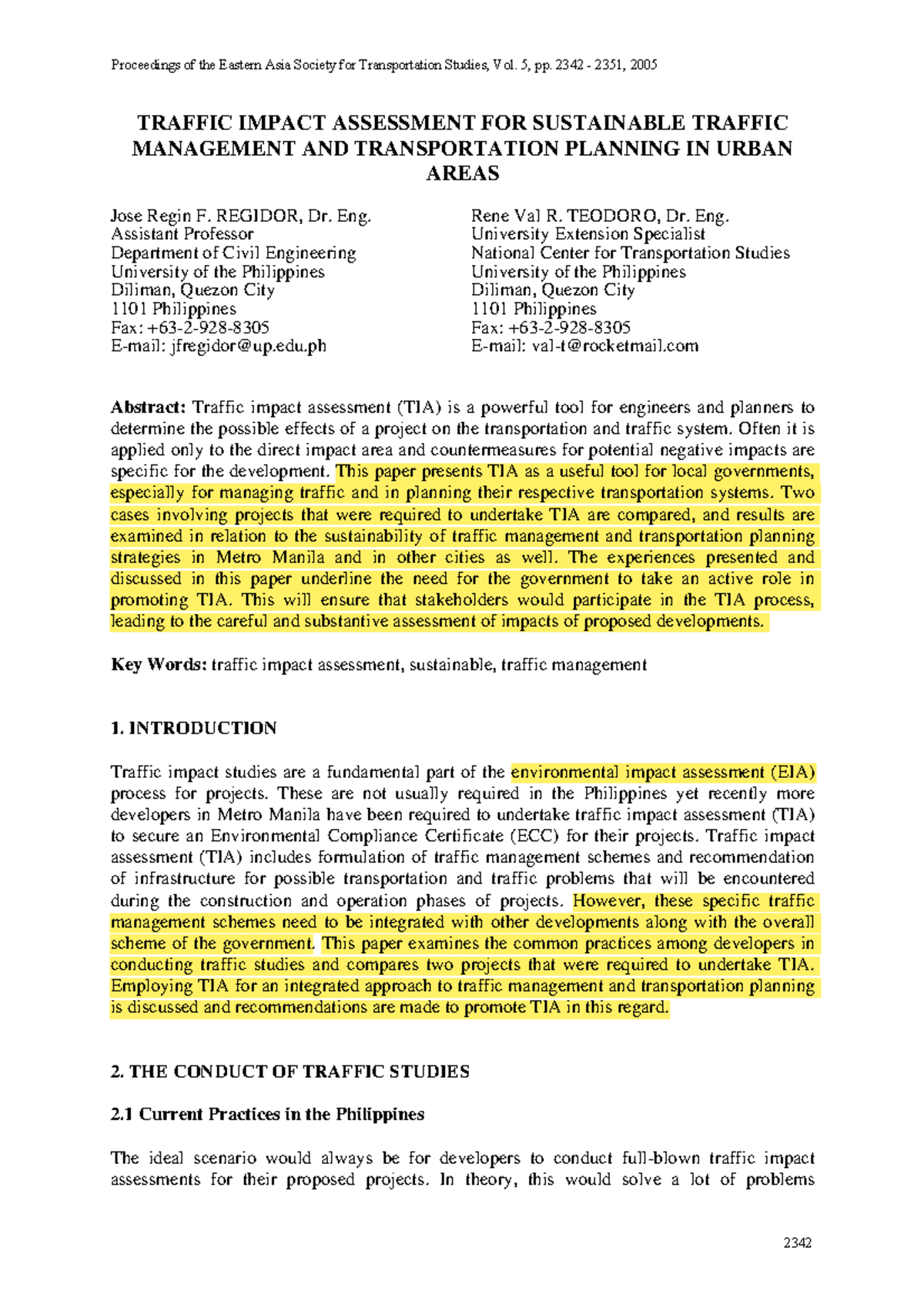 Traffic Impact Assessment FOR Sustainable Traffic Management AND