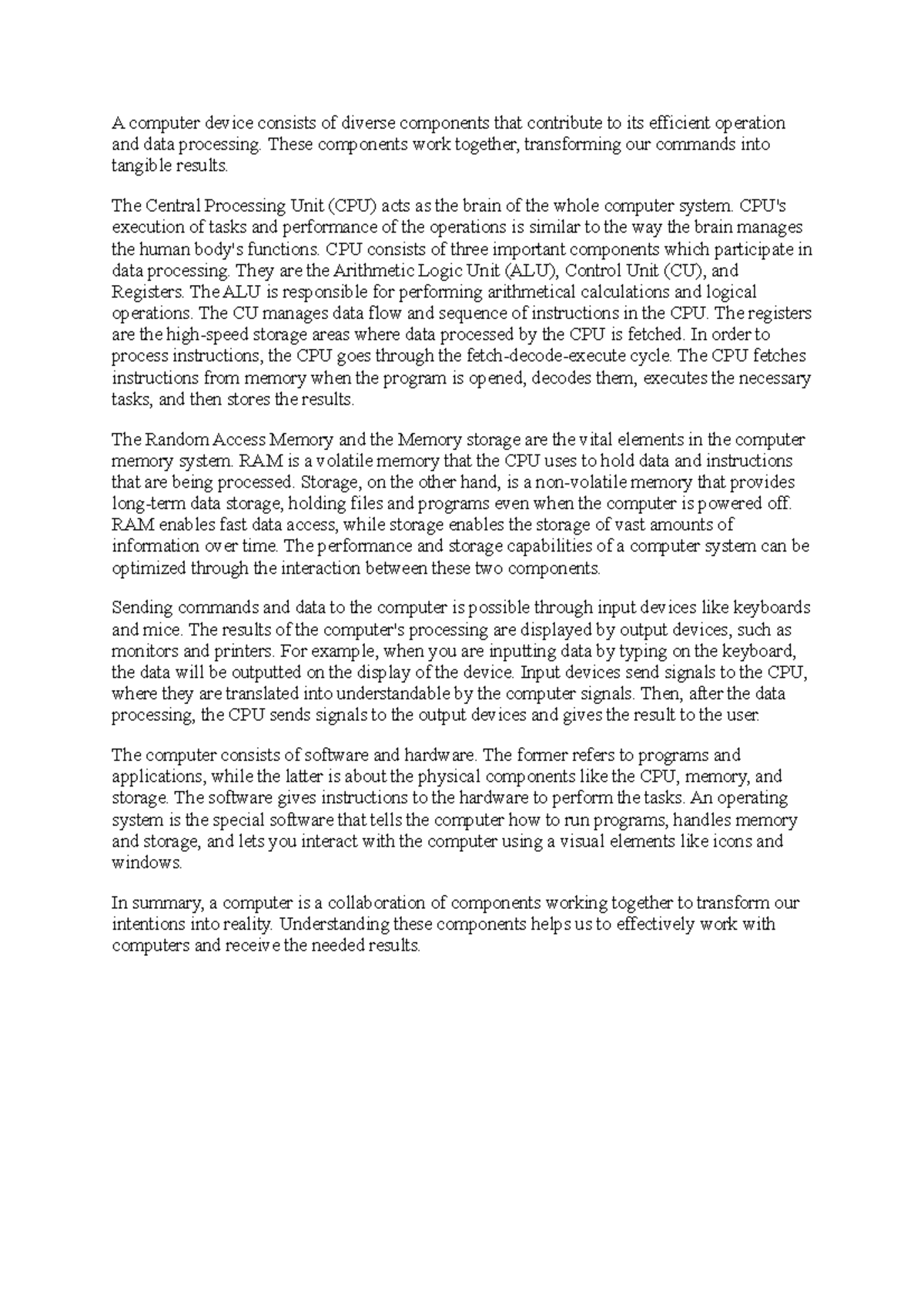 Assignment 1 eng 100 lect - A computer device consists of diverse ...