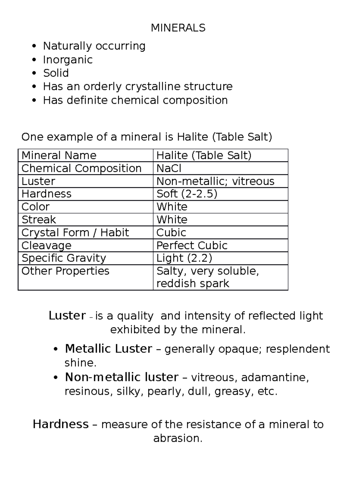 ELS-report - biology report - MINERALS Naturally occurring Inorganic ...