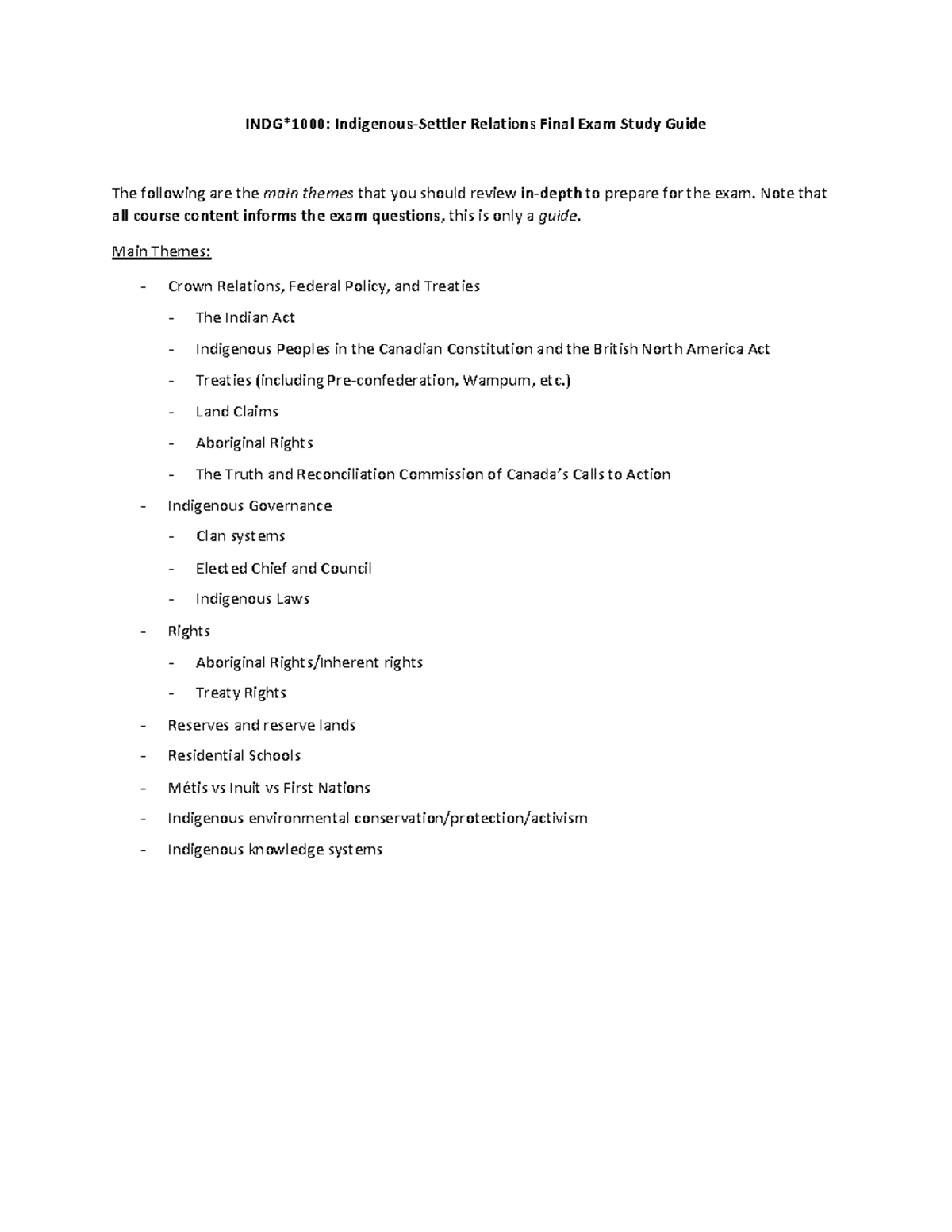 INDG1000Final Exam Prep - INDG*1000: Indigenous-Settler Relations Final ...