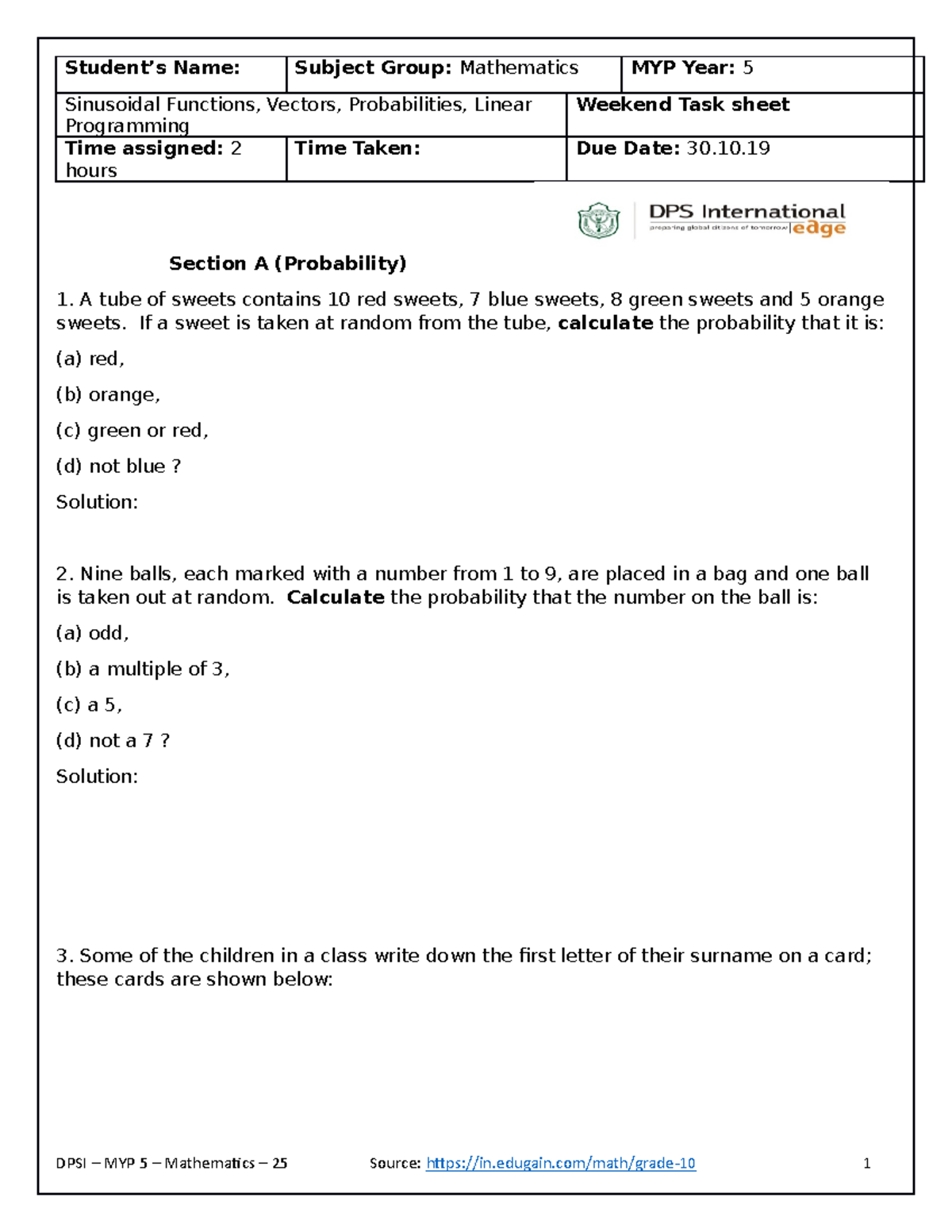 Math Task sheet 12 PP - MYP 5 - 18 - Student’s Name: Subject Group ...