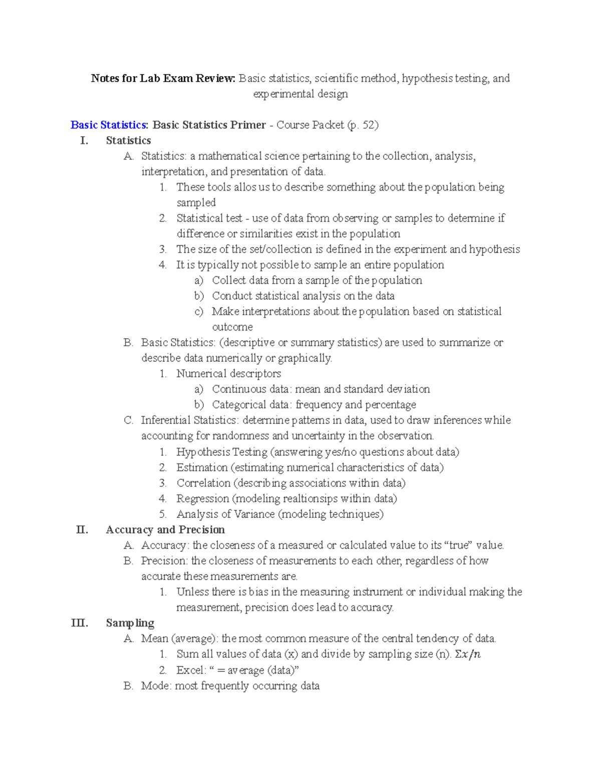 Notes - Basic statistics, scientific method, hypothesis testing, and ...