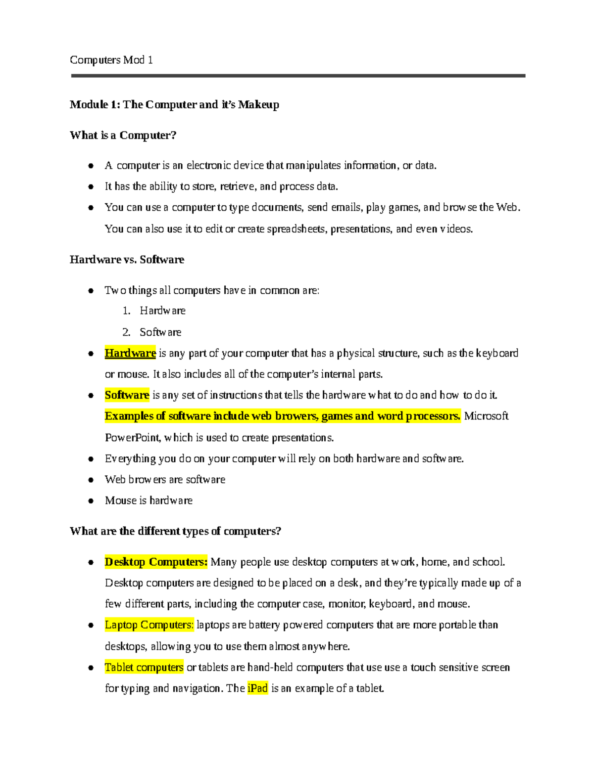 Introduction to Computers Module 1 Lecture Notes - Google Docs ...