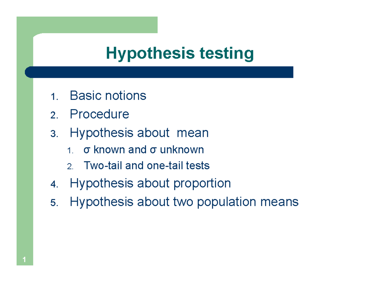 Lecture Notes 11 - 12 Stats For Economics and Business - Hypothesis ...