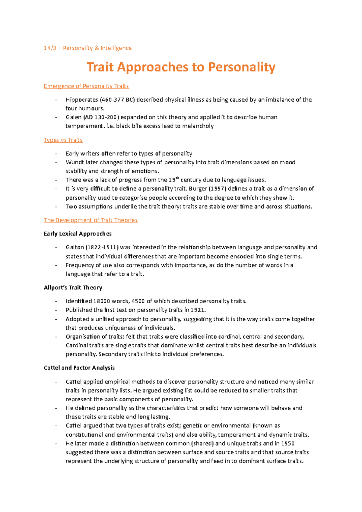Trait Approaches to Personality - 14/3 – Personality & Intelligence ...