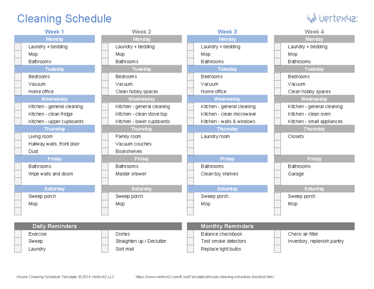 House-cleaning-schedule - Cleaning Schedule Week 1 Week 2 Week 3 Week 4 ...