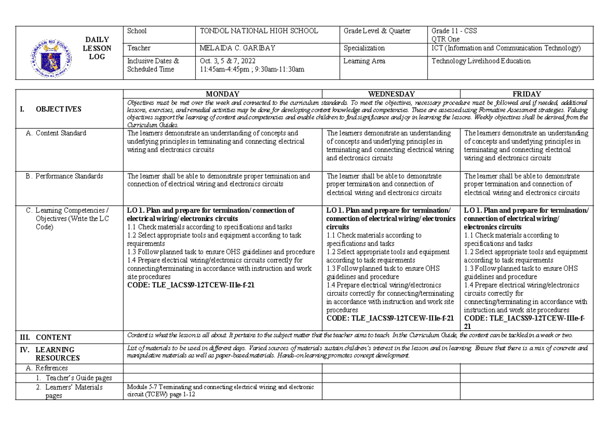 Ilide - dll - DAILY LESSON LOG School TONDOL NATIONAL HIGH SCHOOL Grade ...