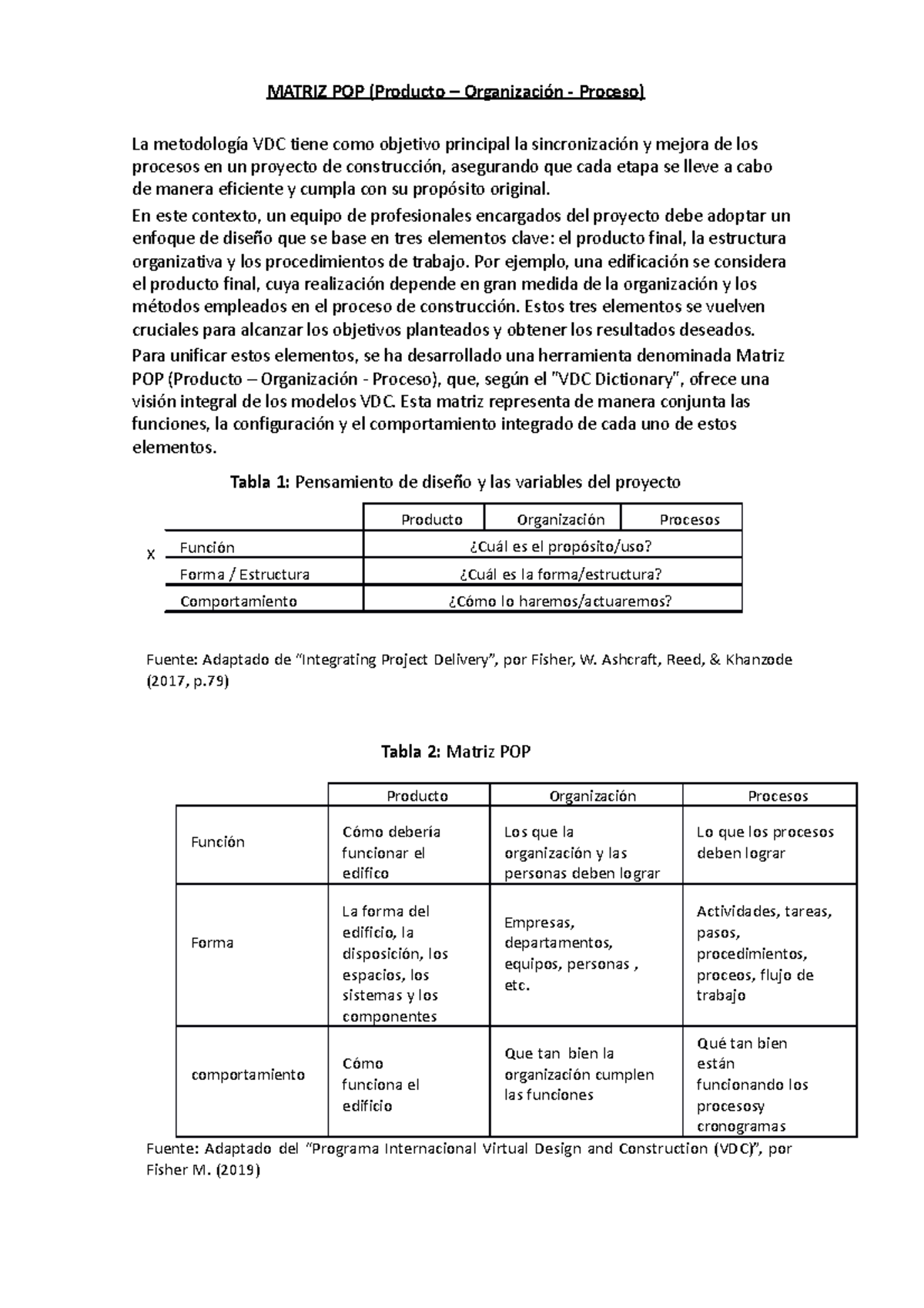 Matriz POP - MATRIZ POP (Producto – Organización - Proceso) La metodología VDC tiene como ...