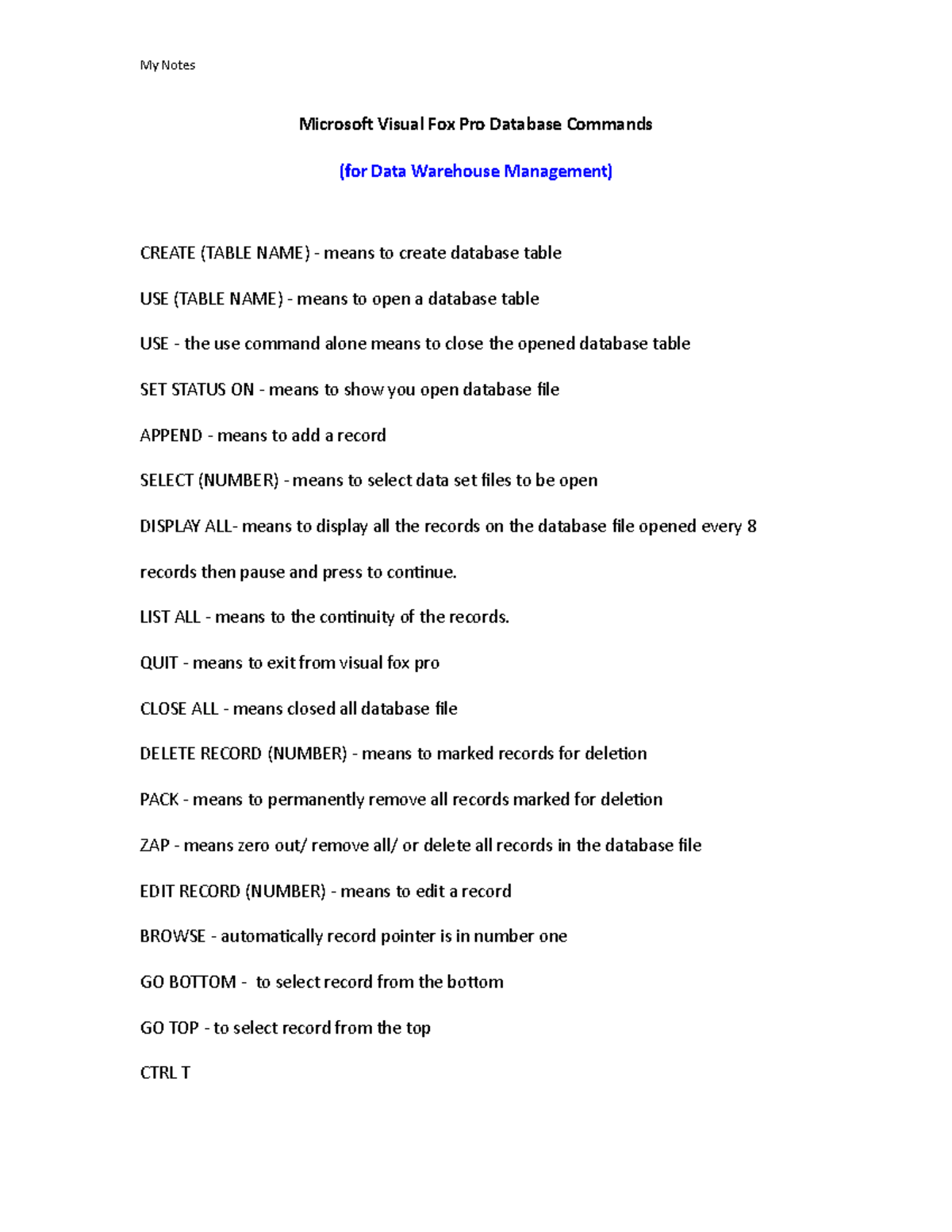 Commands-sample - Microsoft Visual Fox pro Commands for making database ...