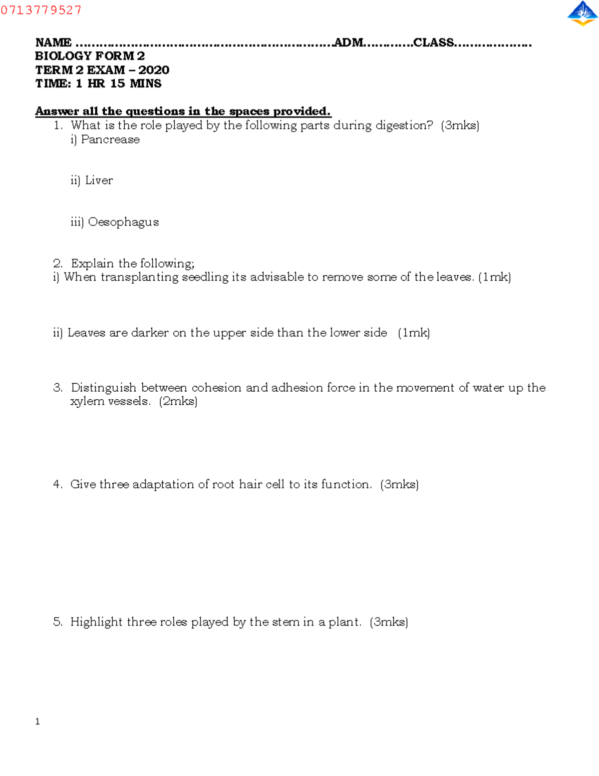 FORM 2 Biology QS - NAME - Studocu