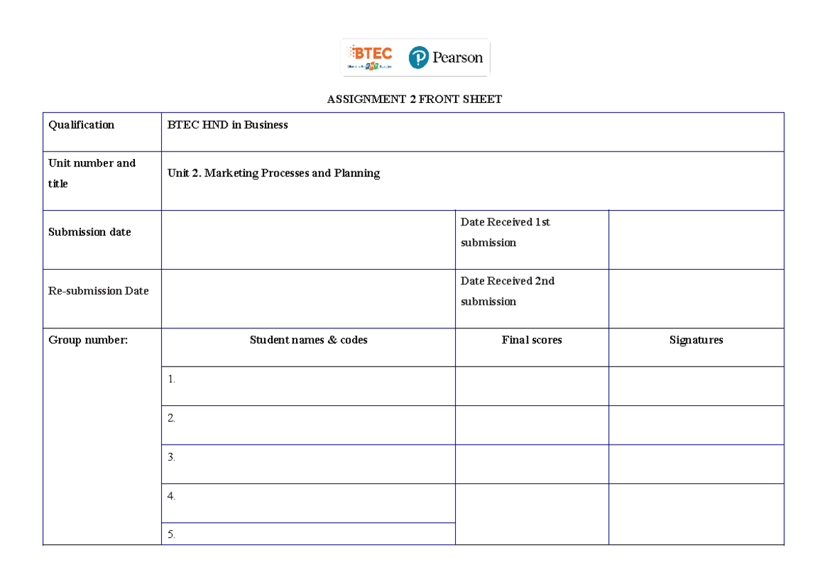 5033- Assignment 2 Frontsheet - ASSIGNMENT 2 FRONT SHEET Qualification BTEC HND in Business Unit ...