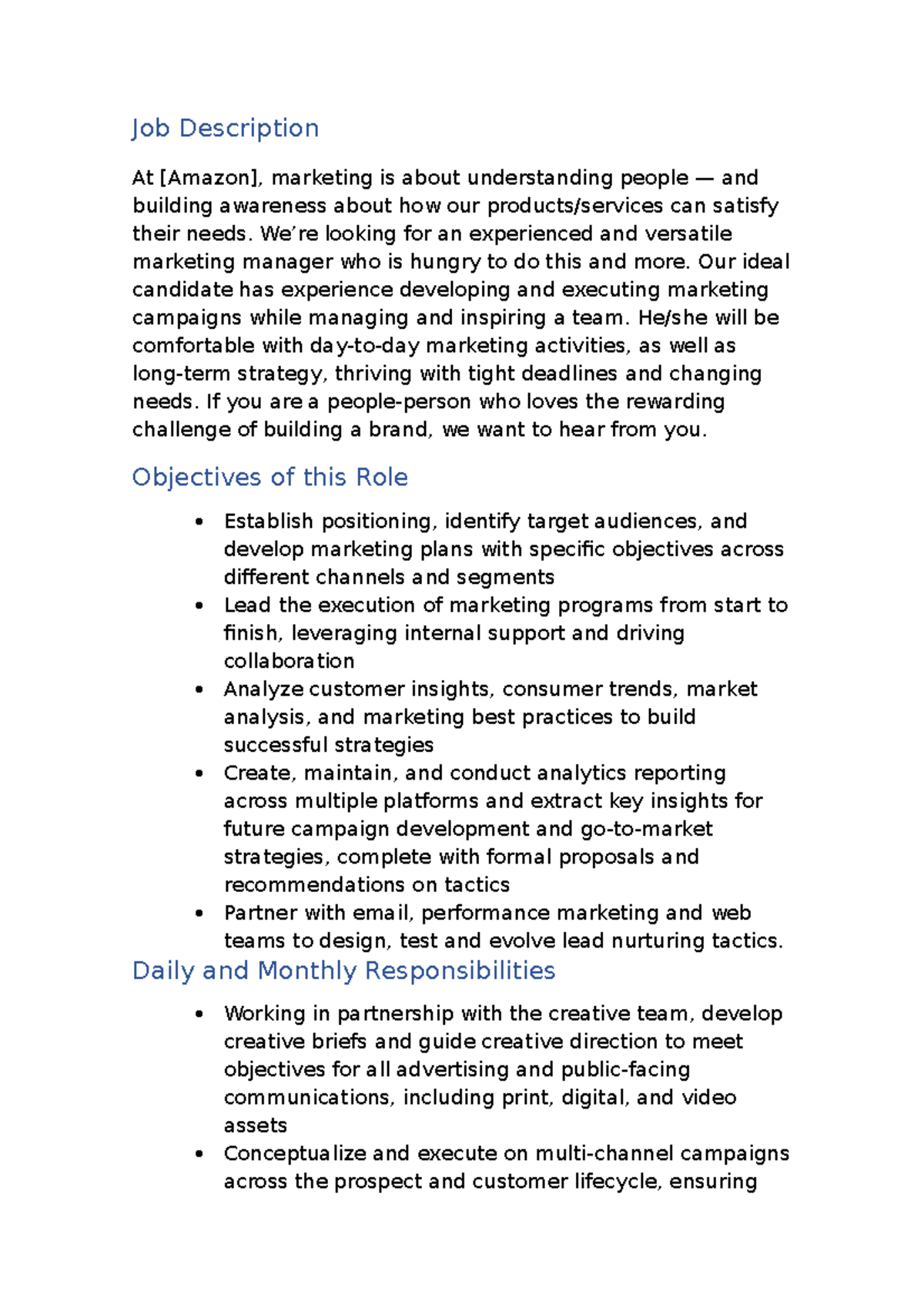 Homework 13 English - Job Description At [Amazon], marketing is about ...
