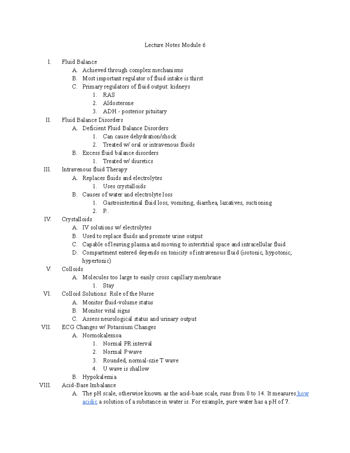 Lecture Notes Module 6 - Fluid Balance A. Achieved through complex ...