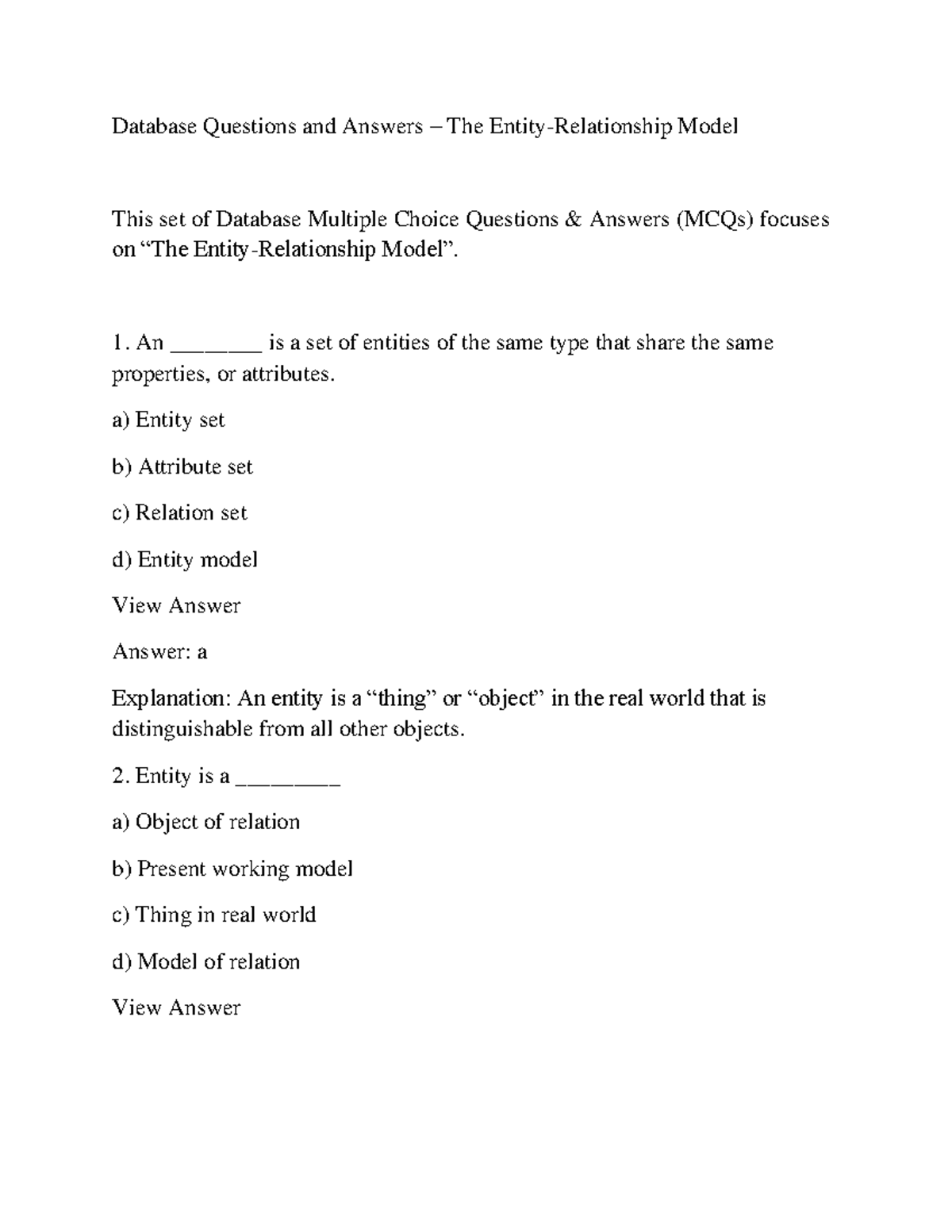 Database Questions and Answers - An ________ is a set of entities of the same type that share ...