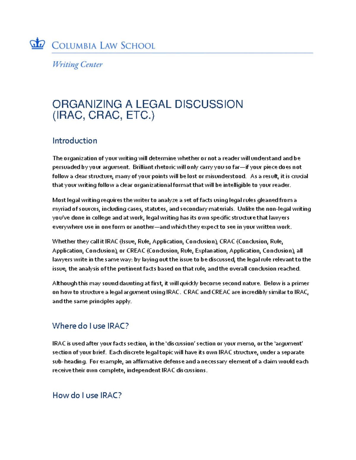 Organizing a legal discussion - ORGANIZING A LEGAL DISCUSSION (IRAC ...