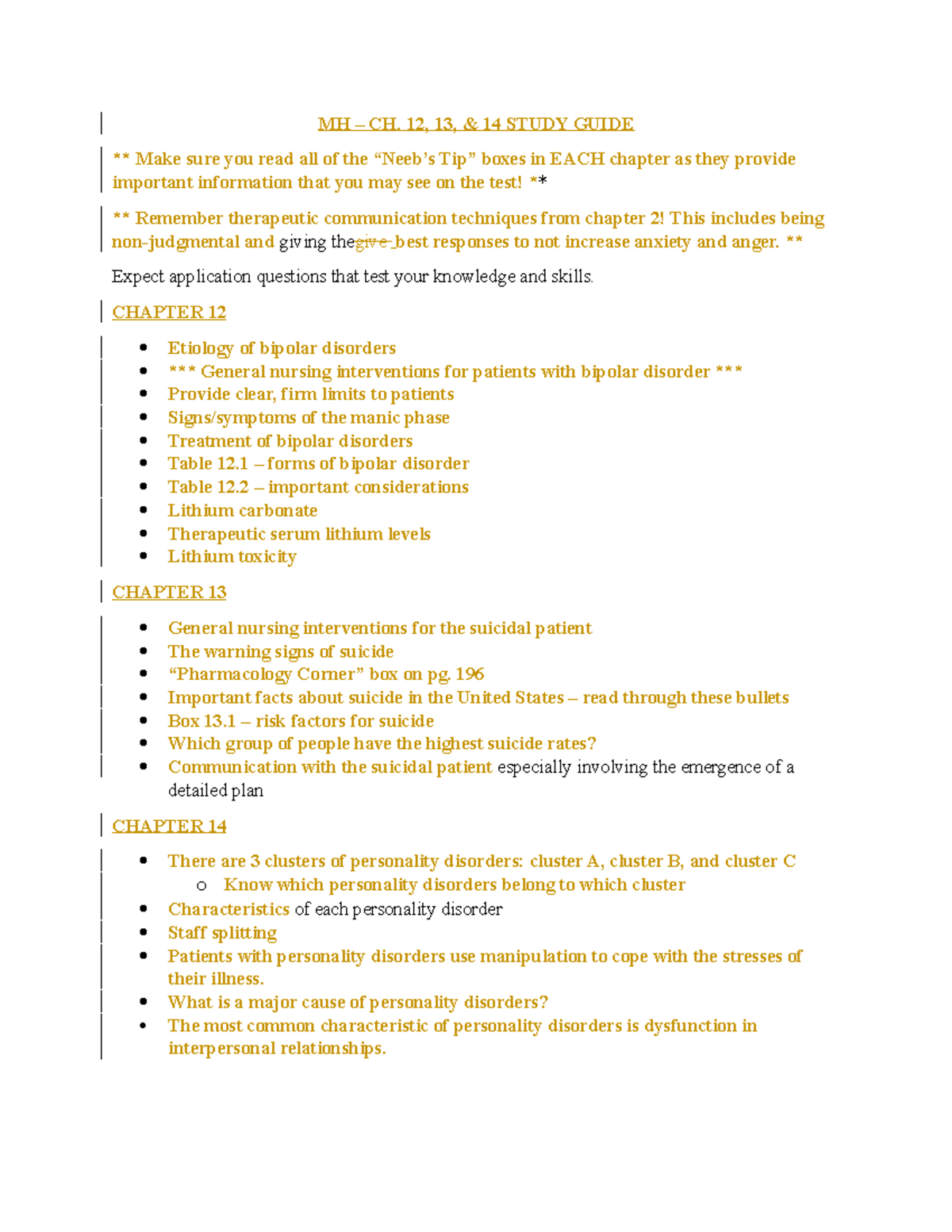 MHStudy Guide-Ch - Mental Health Nursing Study guide - MH – CH. 12, 13 ...