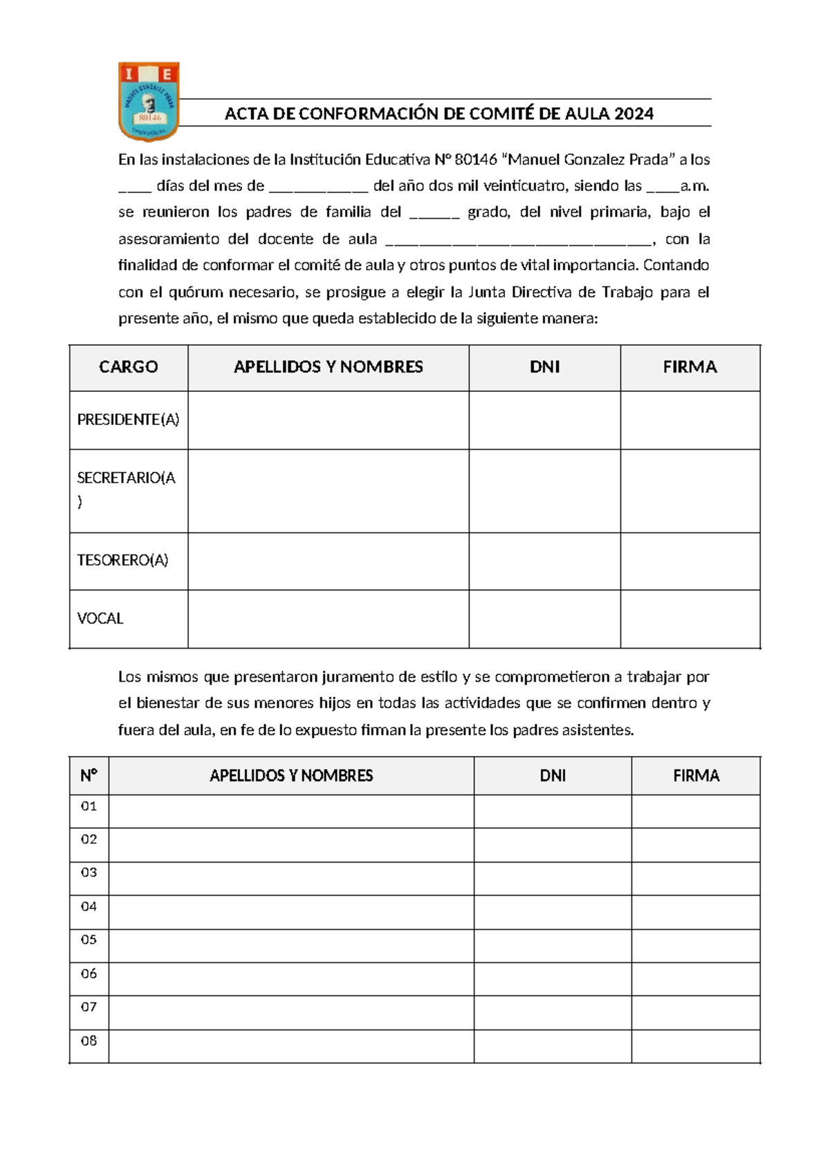 ACTA DE Conformación DE Comité DE AULA - ACTA DE CONFORMACIÓN DE COMITÉ DE AULA 2024 En las ...