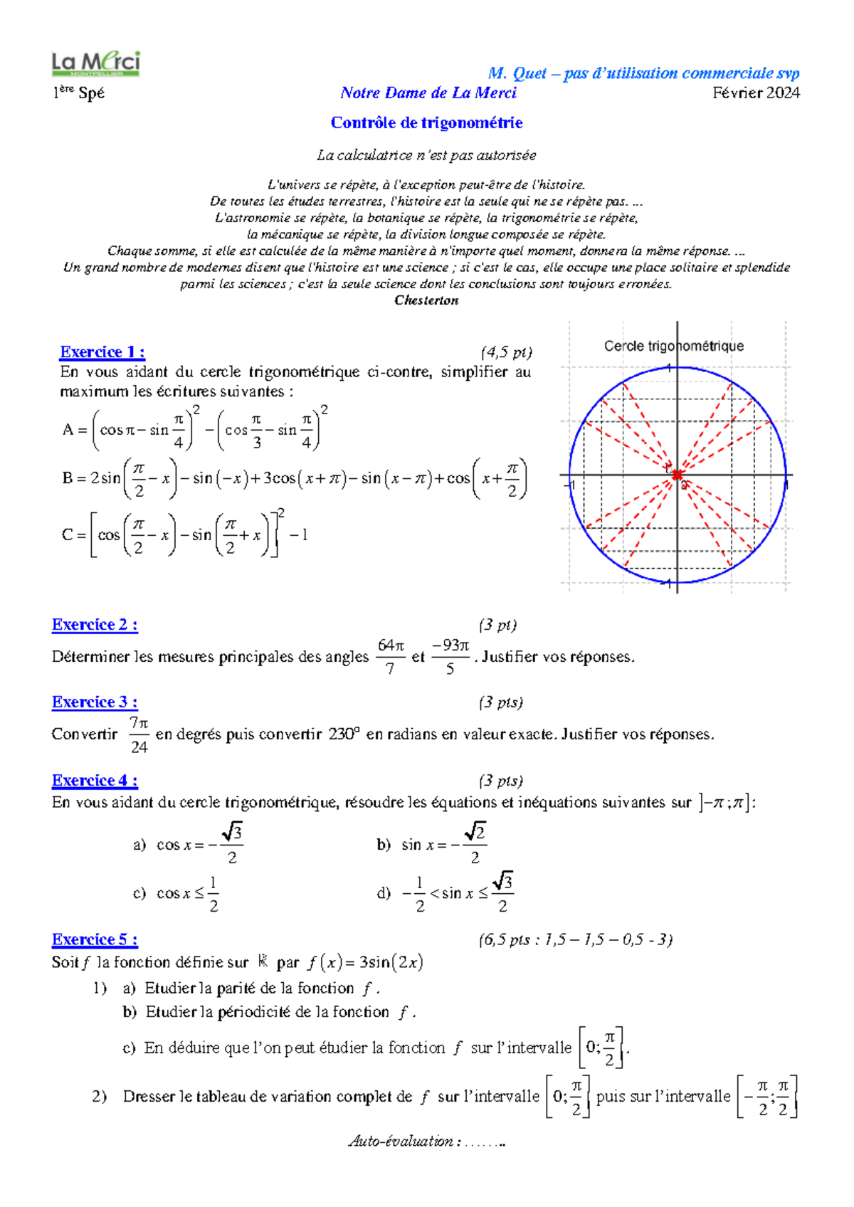 Contrôle de trigonométrie de Février 2024 (SITE) - Corrige - 1 ère Spé Notre Dame de La Merci ...