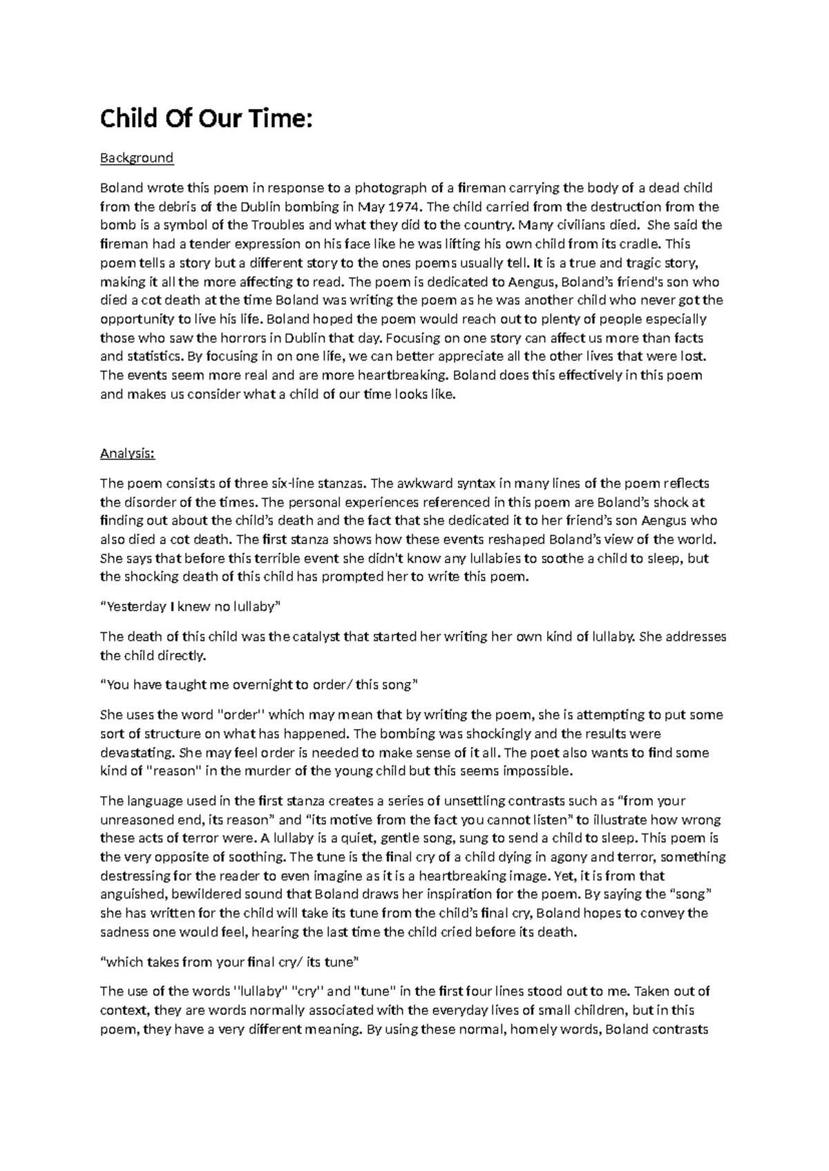 Child of Our Time - Child Of Our Time: Background Boland wrote this ...