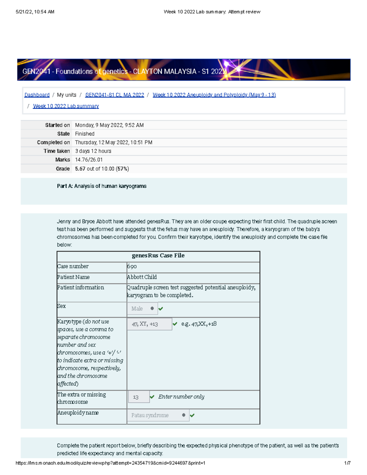 Week 10 2022 Lab summary Attempt review - Dashboard/My units/ GEN2041 ...