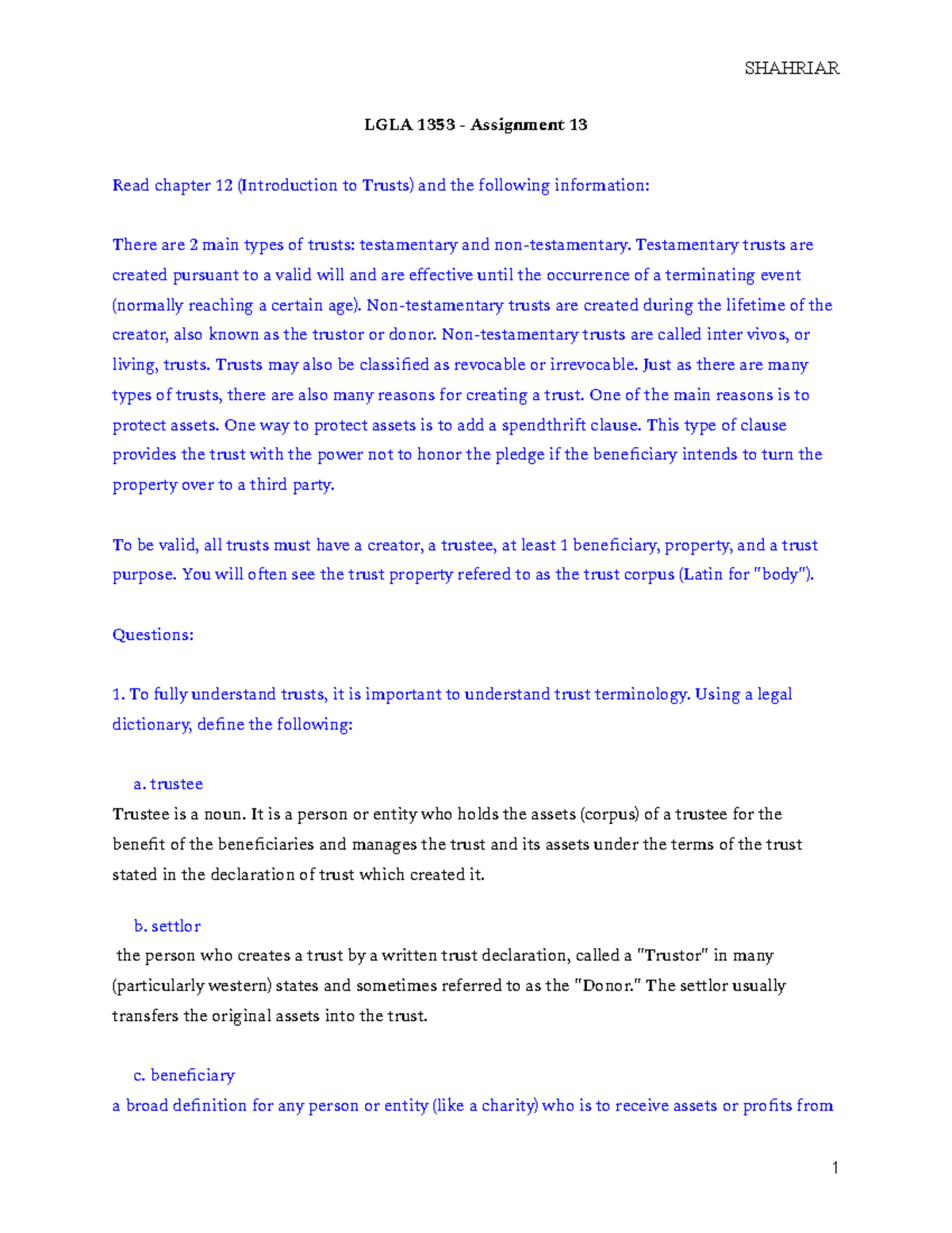 LGLA 1353 - Assignment 13 - SHAHRIAR LGLA 1353 - Assignment 13 Read chapter 12 (Introduction to ...