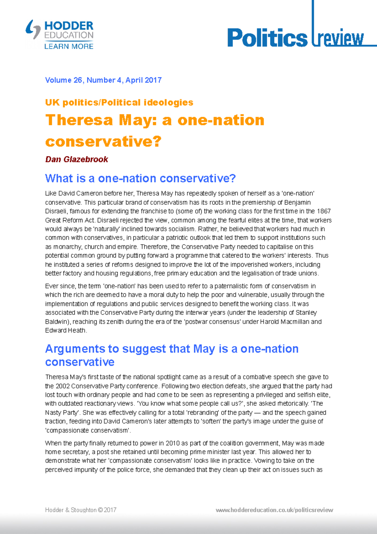 Politics Review - One Nation Conservatism - Volume 26, Number 4, April ...