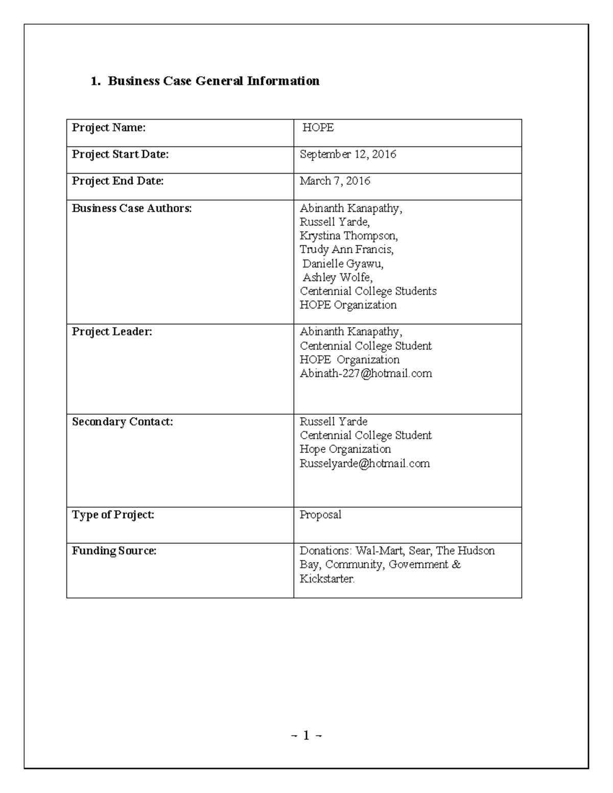 Buisness Case General Information - 1. Business Case General ...
