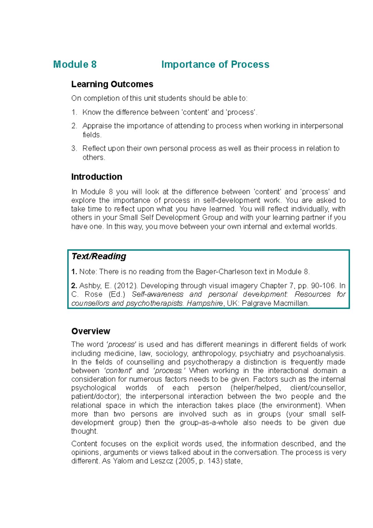 COU3102 Self Development 2 Module 8 - Module 8 Importance of Process ...