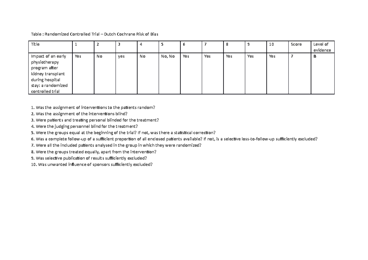 Table RCT Cohort study - notities - Table : Randomized Controlled Trial ...