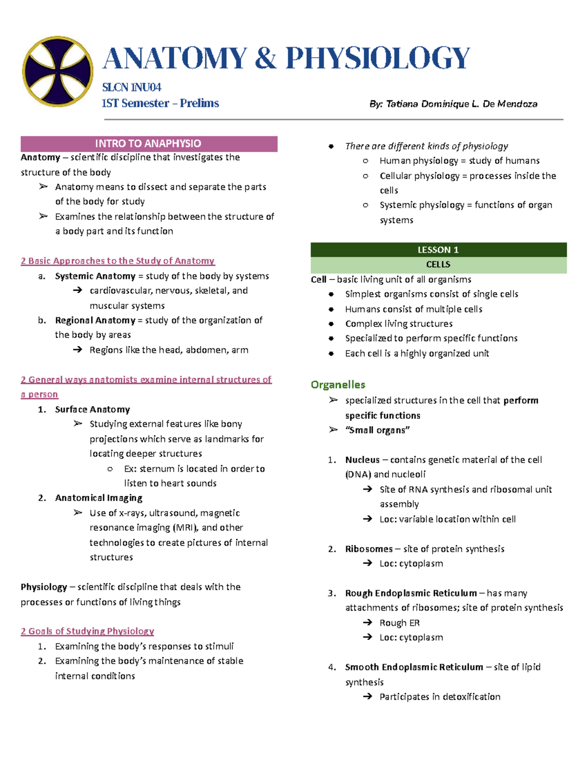 Anaphysio Prelims 1NU04 - ANATOMY & PHYSIOLOGY SLCN 1NU 1ST Semester ...