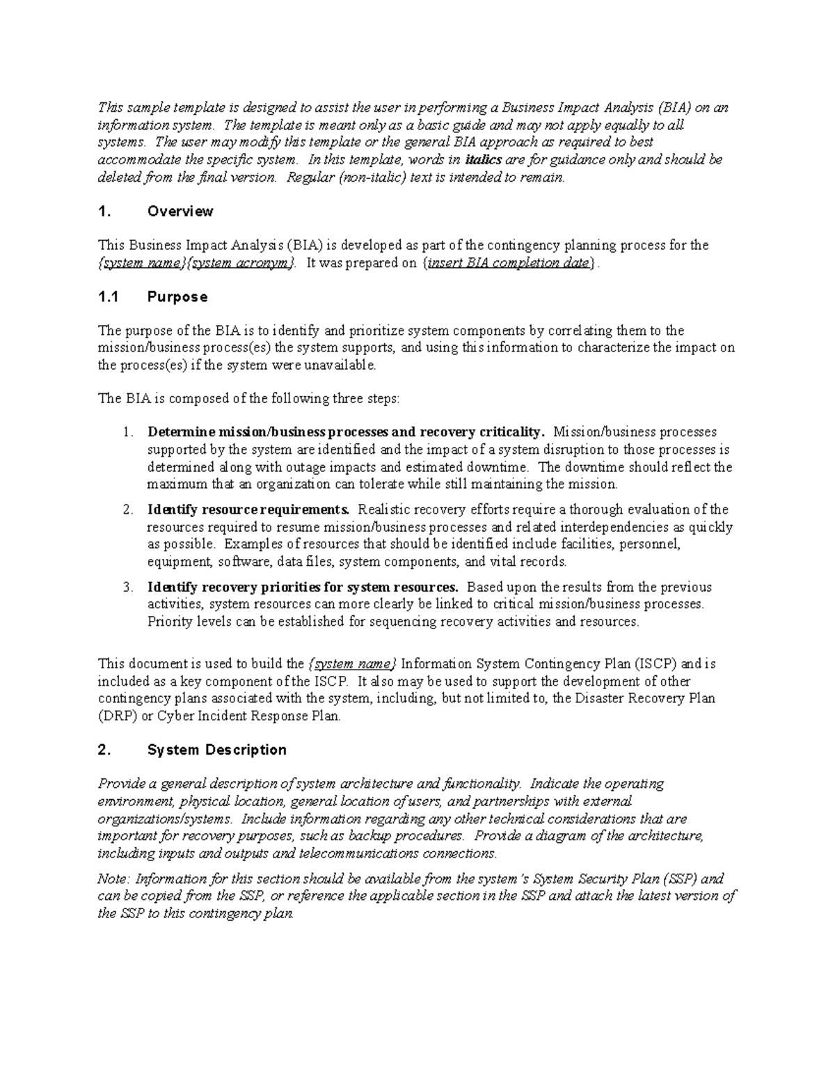 Sp800-34-rev1 bia template - This sample template is designed to assist ...