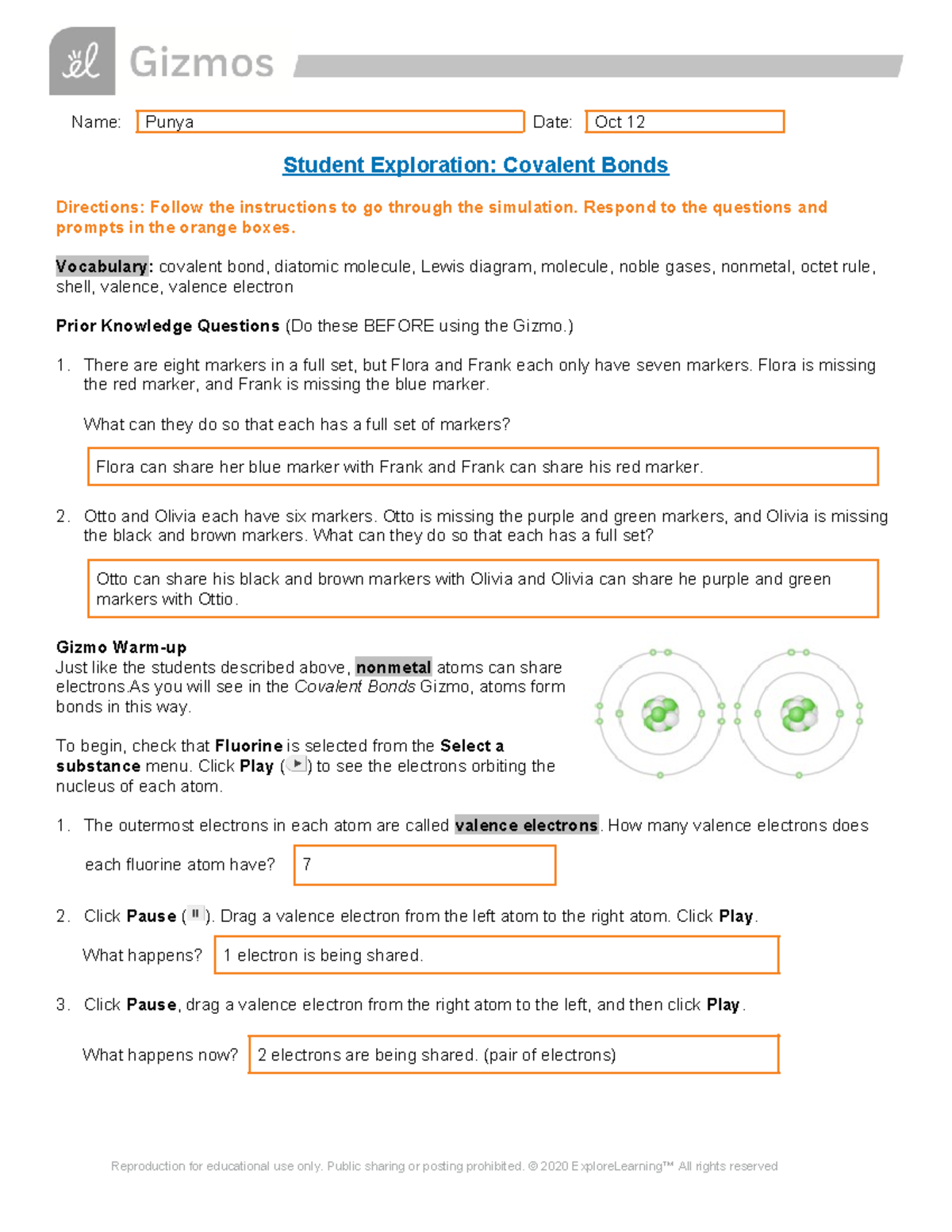 1.6 Covalent Bonds Gizmo Activity - Name: Punya Date: Oct 12 Student ...