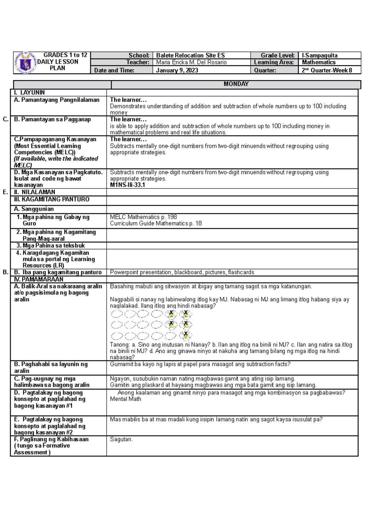 2Q MATH DLP G1 W8 - done - GRADES 1 to 12 DAILY LESSON PLAN School ...