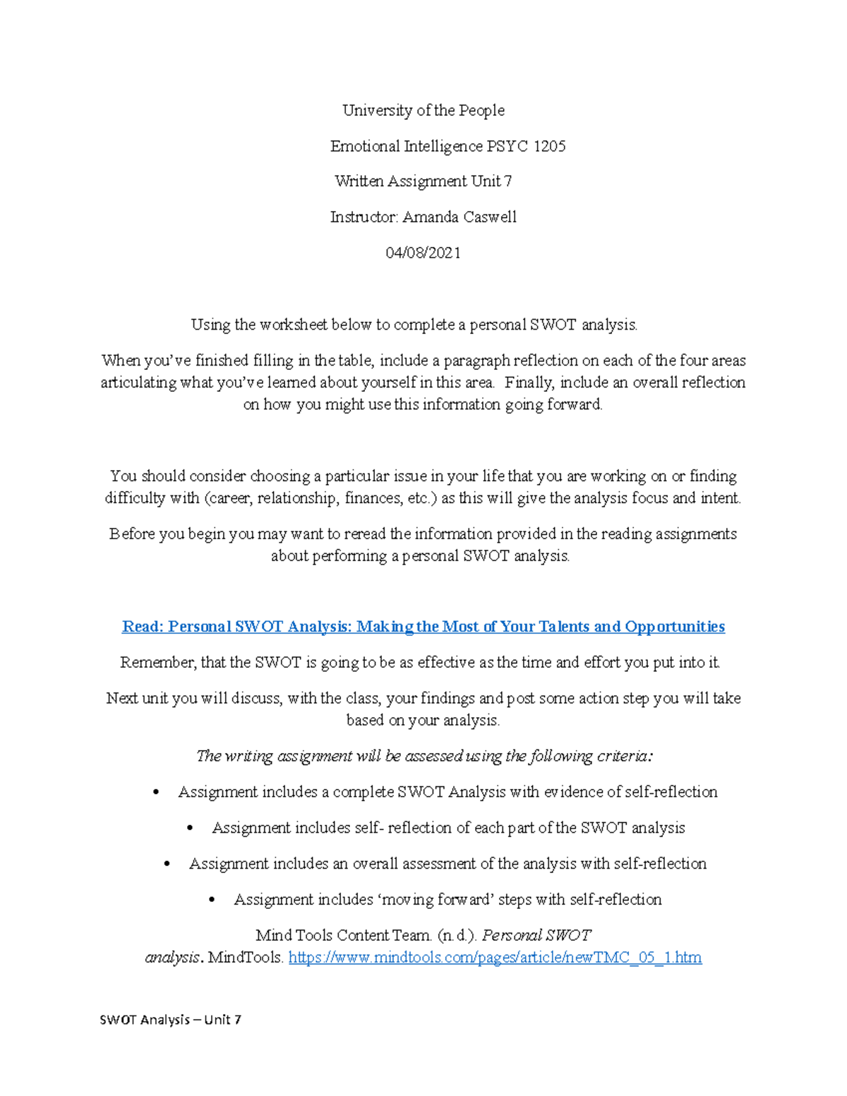 SWOT Analysis Worksheet (2)PSYC 1205 Unit 7 - University of the People Emotional Intelligence ...