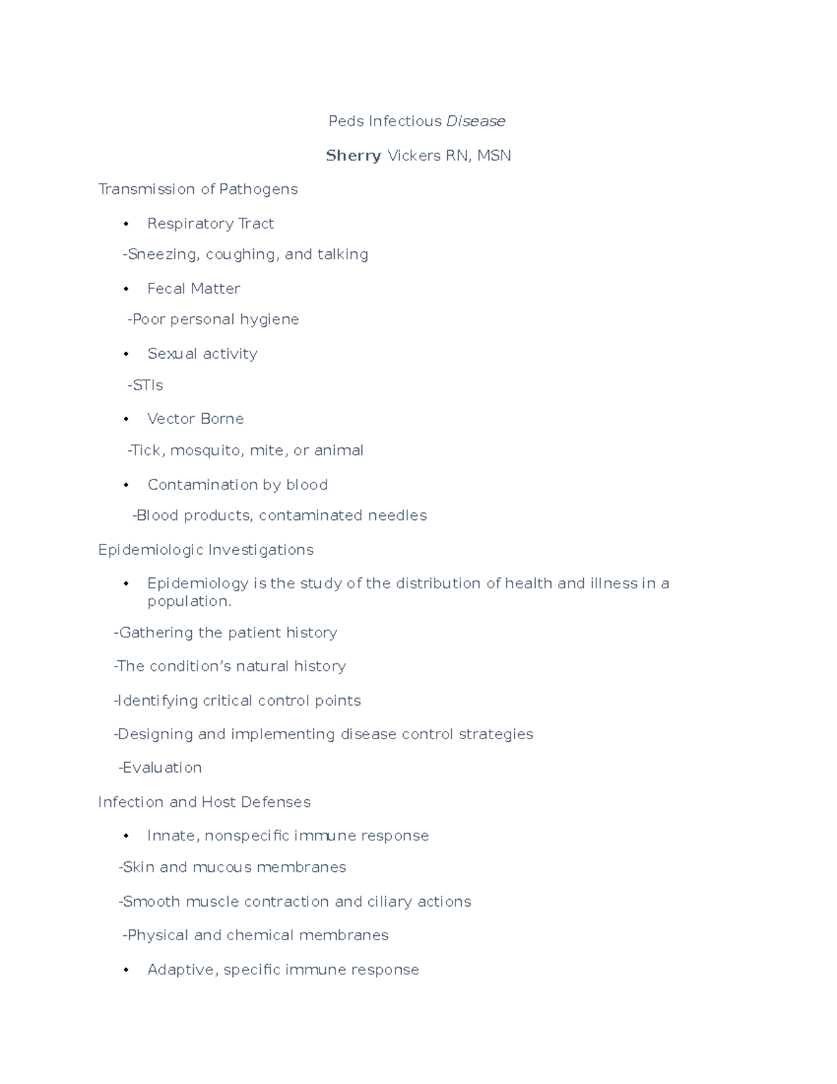 Peds Infectious Disease Lecture Notes - Peds Infectious Disease Sherry ...