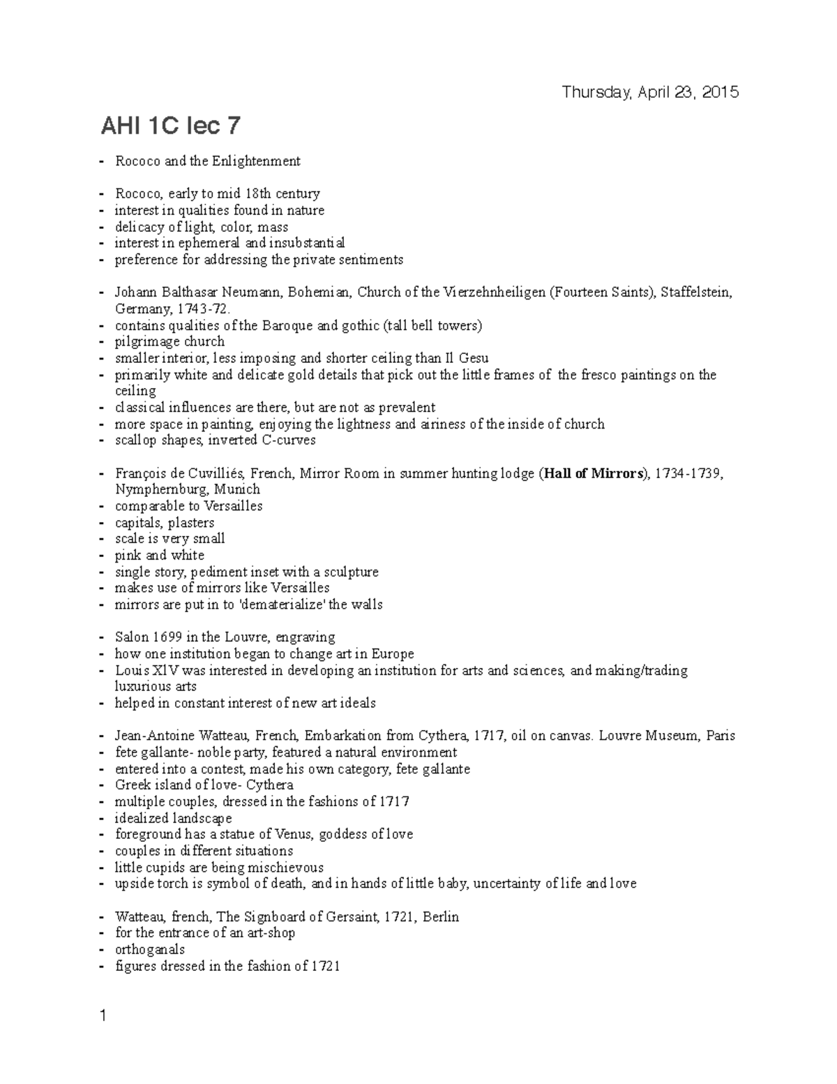 AHI 1C lec 7 - Lecture notes 7 - Thursday, April 23, 2015 AHI 1C lec 7 ...